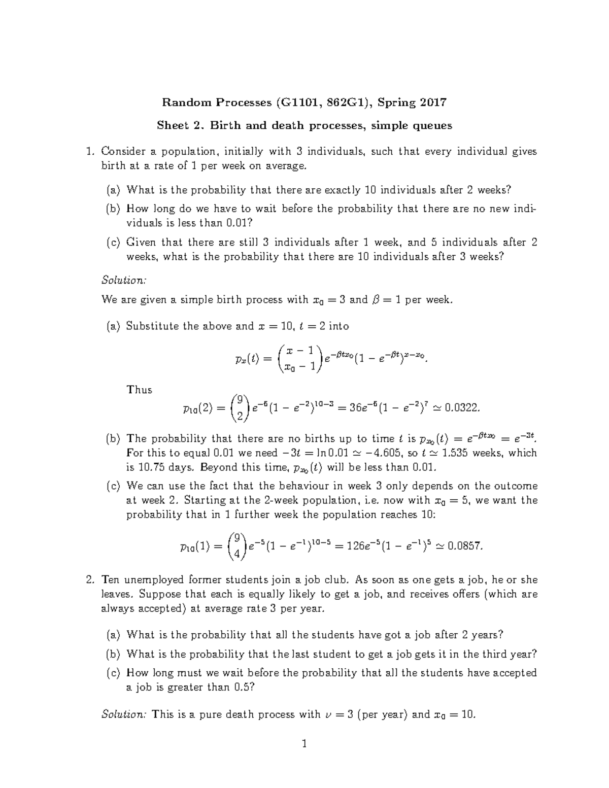 Random processes worksheet 2 - Random Processes (G1101, 862G1), Spring ...