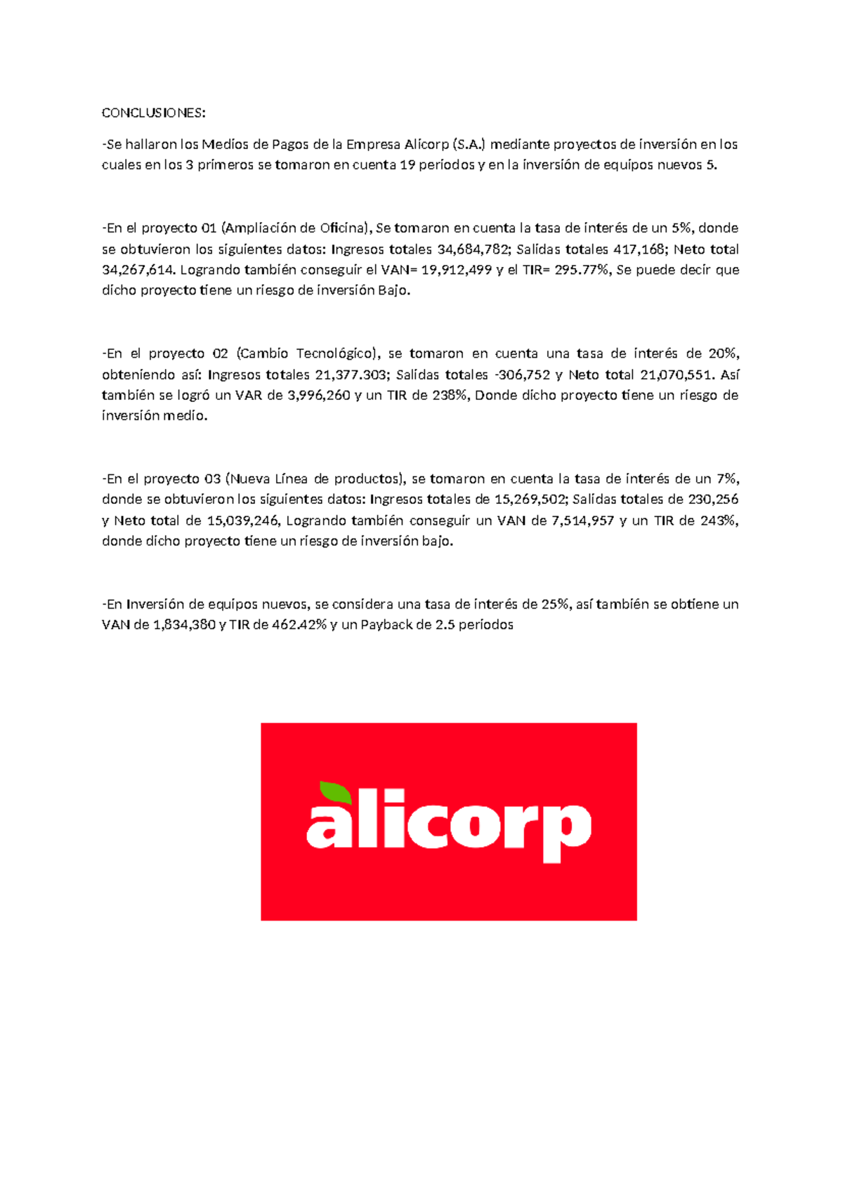 Conclusiones - CONCLUSIONES: -Se hallaron los Medios de Pagos de la Empresa Alicorp (S ...