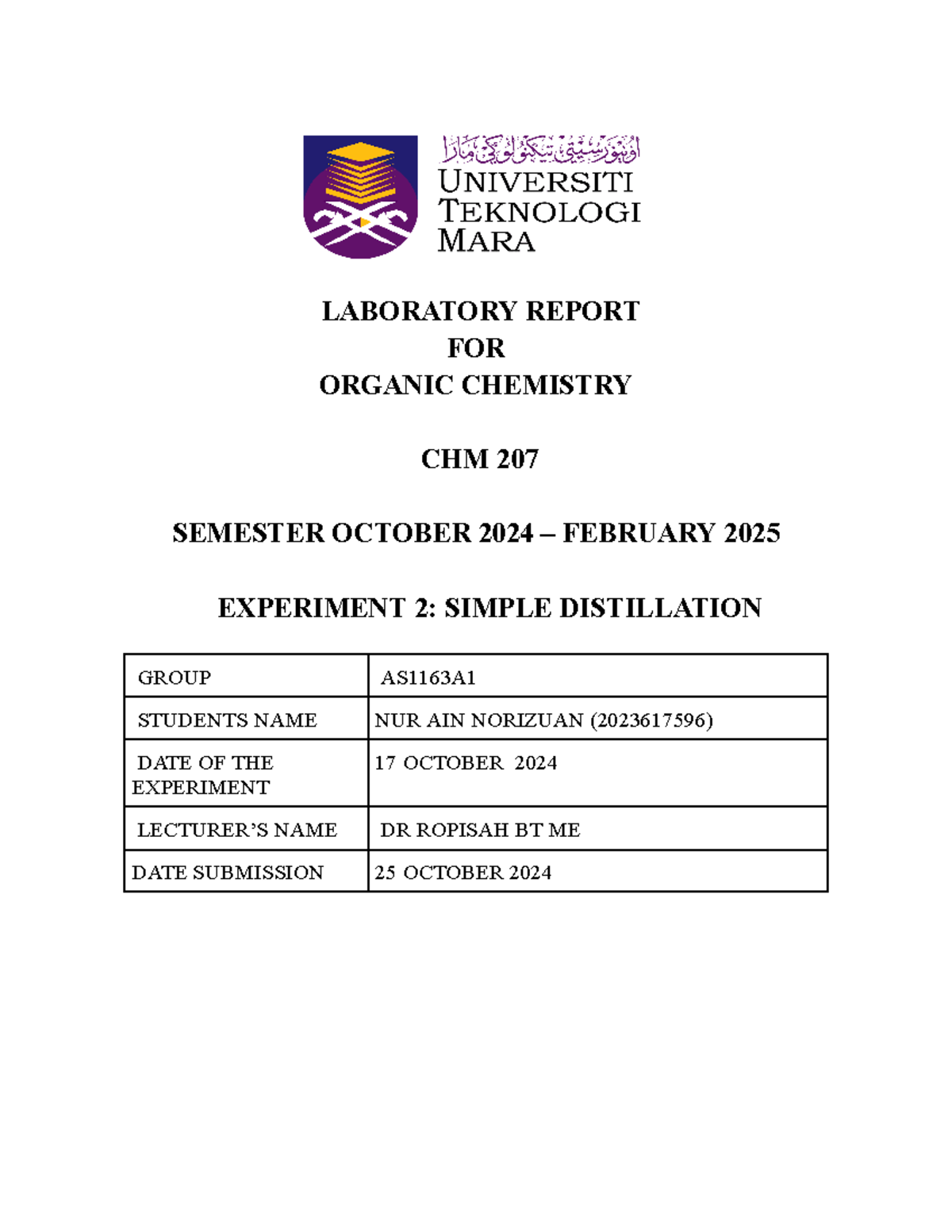 LAB Report CHM207-EXP 2 - Google Docs - LABORATORY REPORT FOR ORGANIC ...