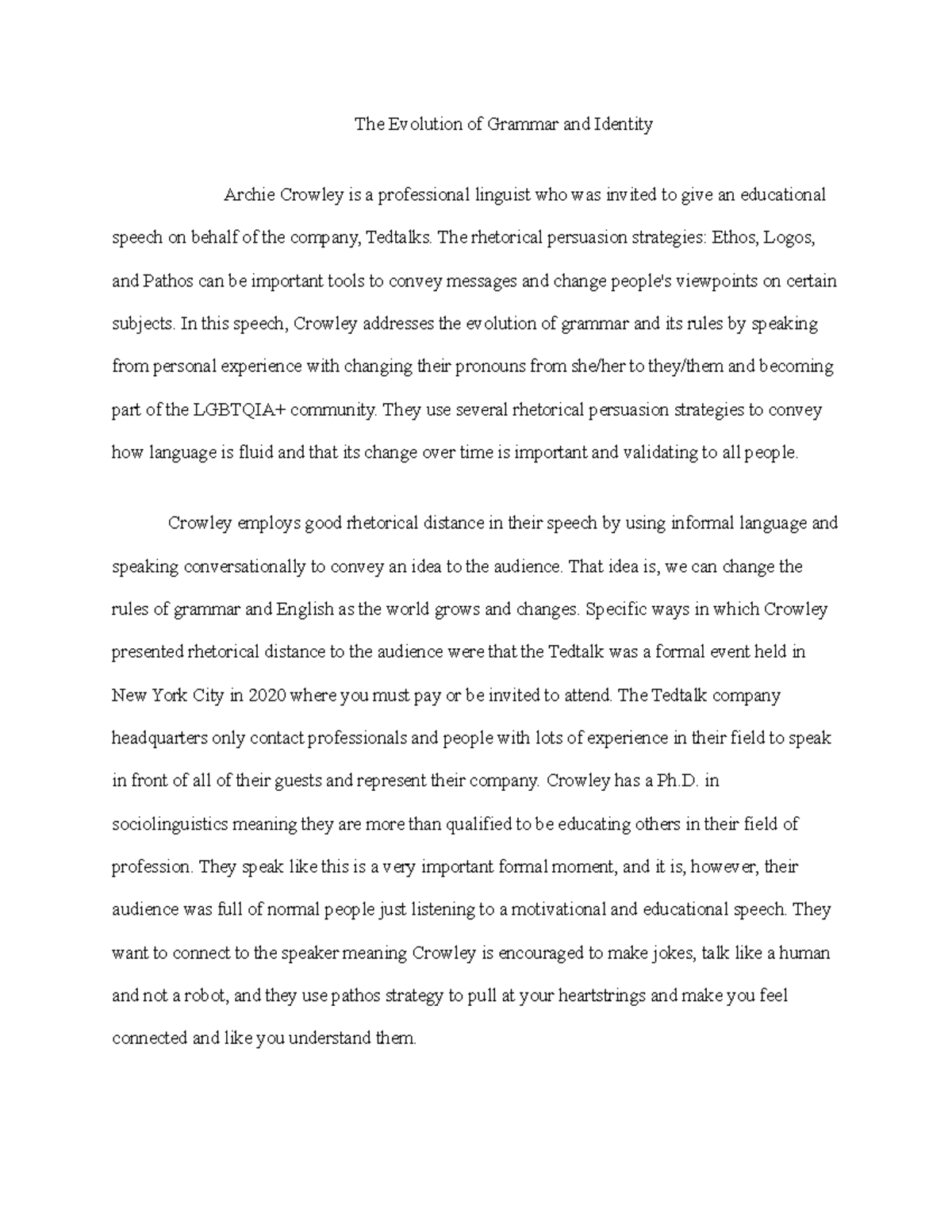 Archie Crowley essay - The Evolution of Grammar and Identity Archie ...