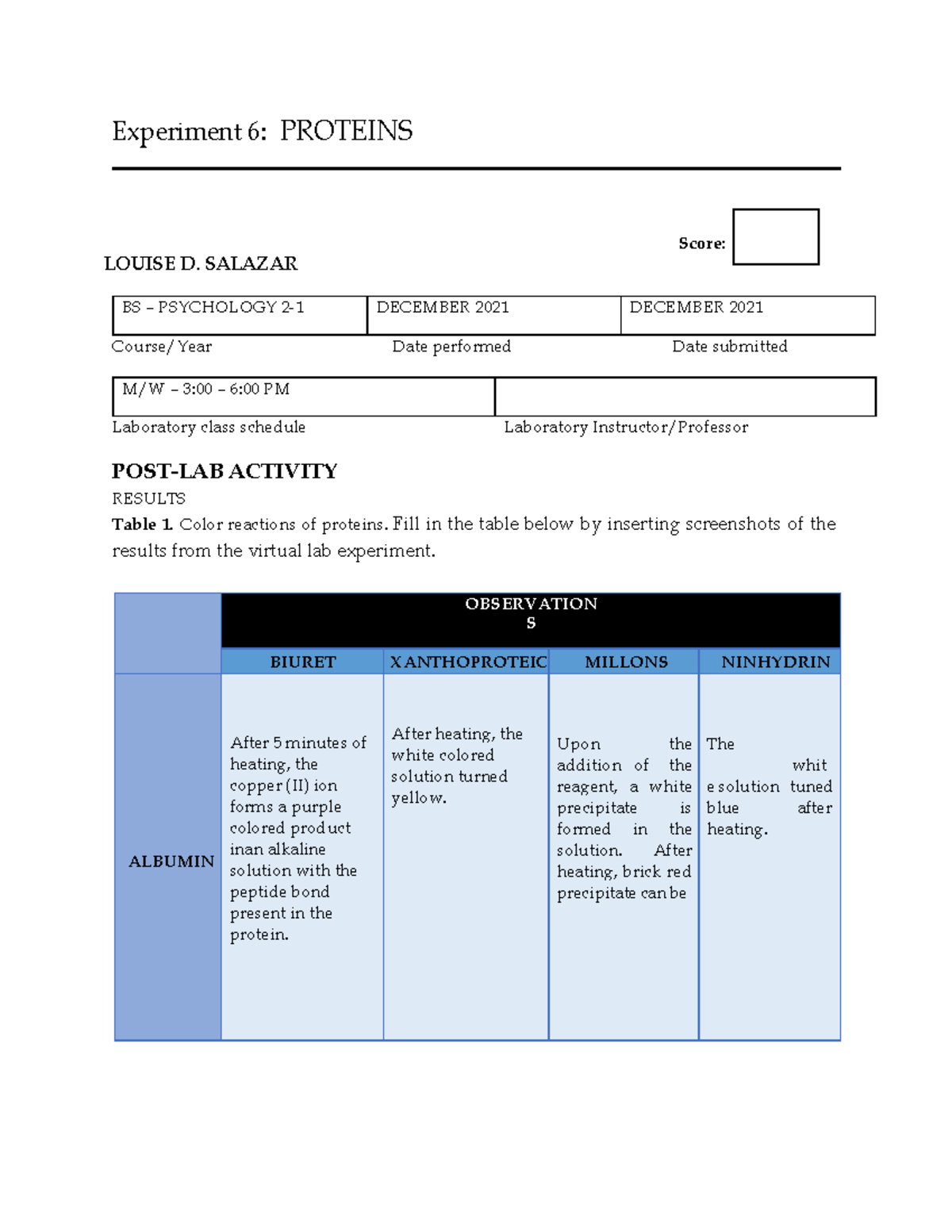 Chem 2221 Proteins Post-Lab Activity - Experiment 6: PROTEINS Score ...