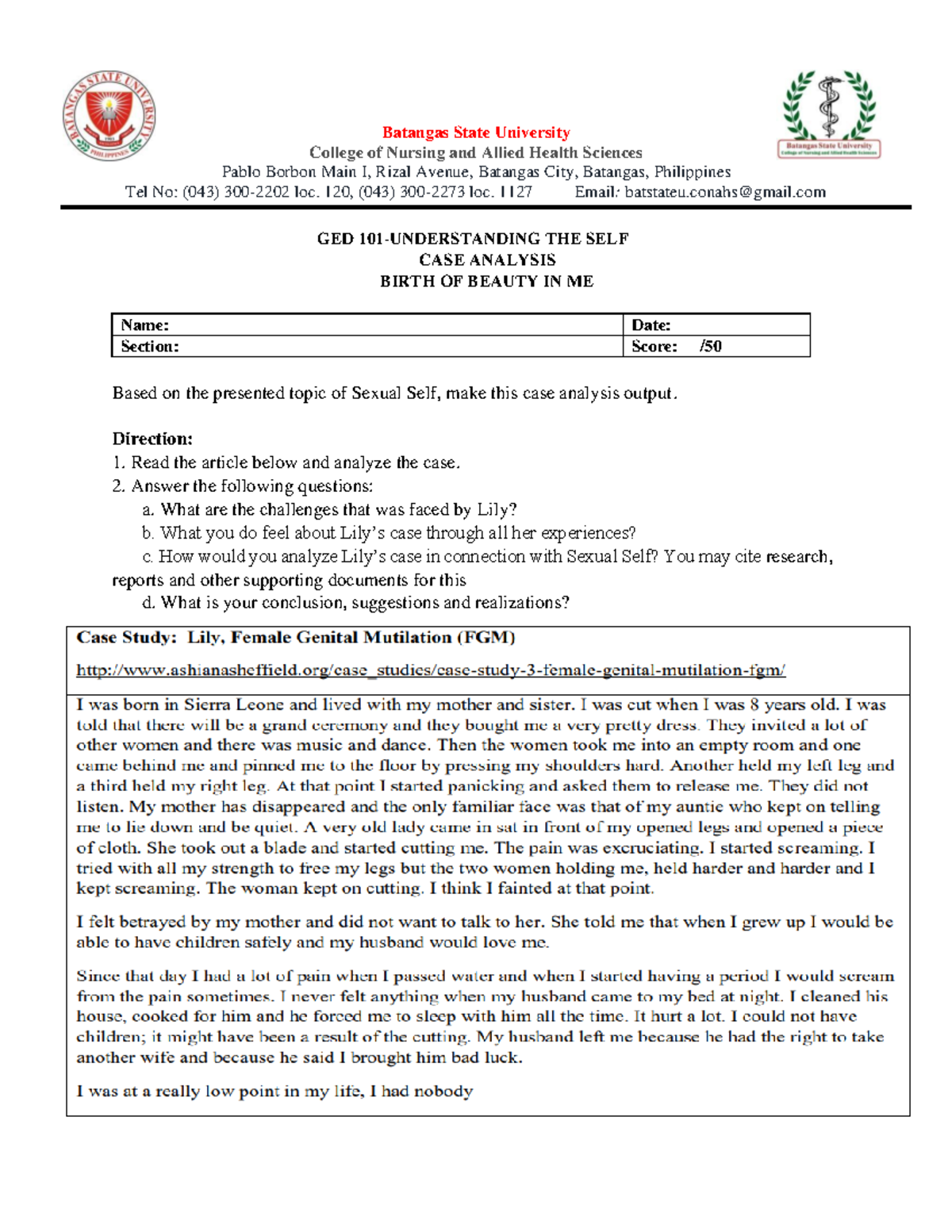 Case Analysis 1 Sexual Self - GED 101-UNDERSTANDING THE SELF CASE ...
