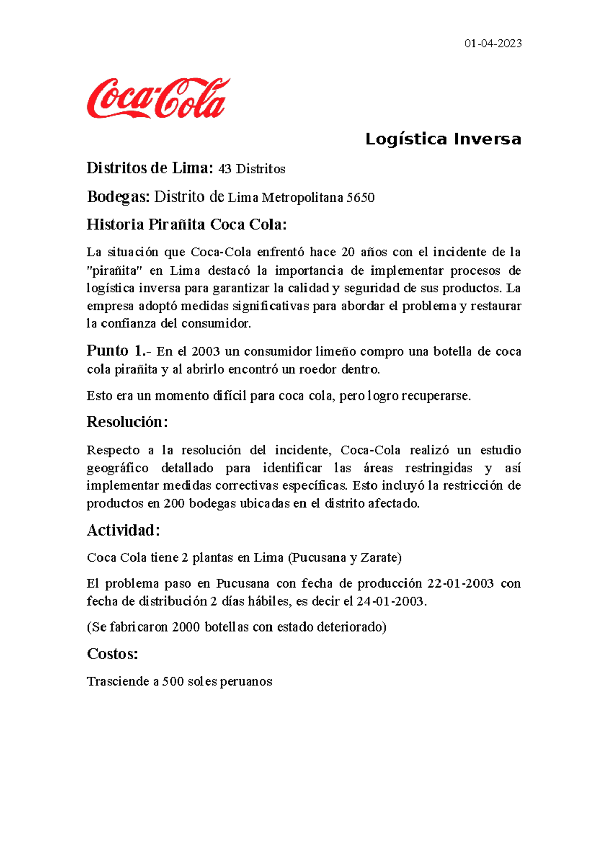 COCA COLA-Trabajo-Jhordan 1 - 01-04- Logística Inversa Distritos de Lima: 43 Distritos Bodegas ...