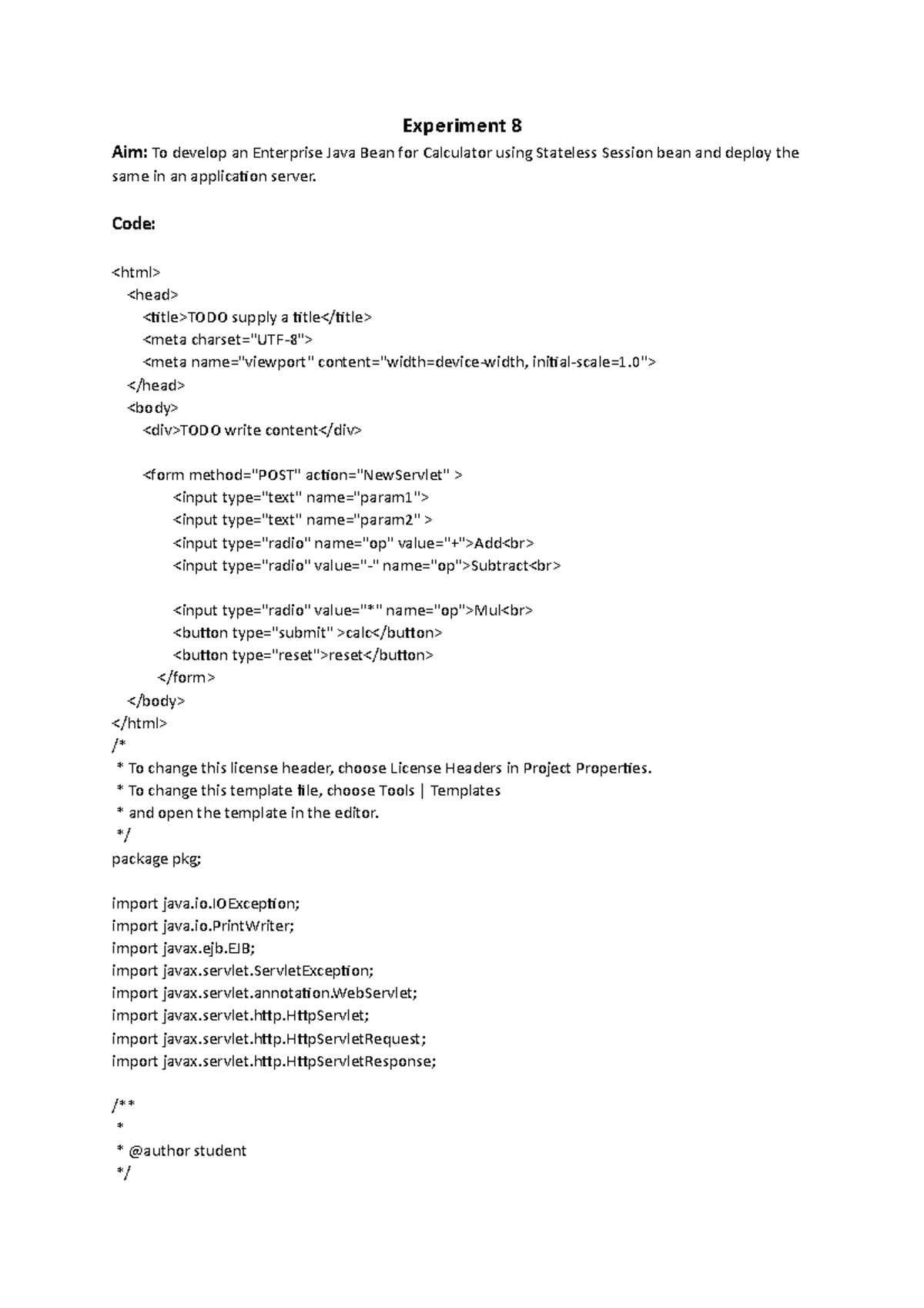 Experiment 8 - Exp 8 - Experiment 8 Aim: To develop an Enterprise Java ...