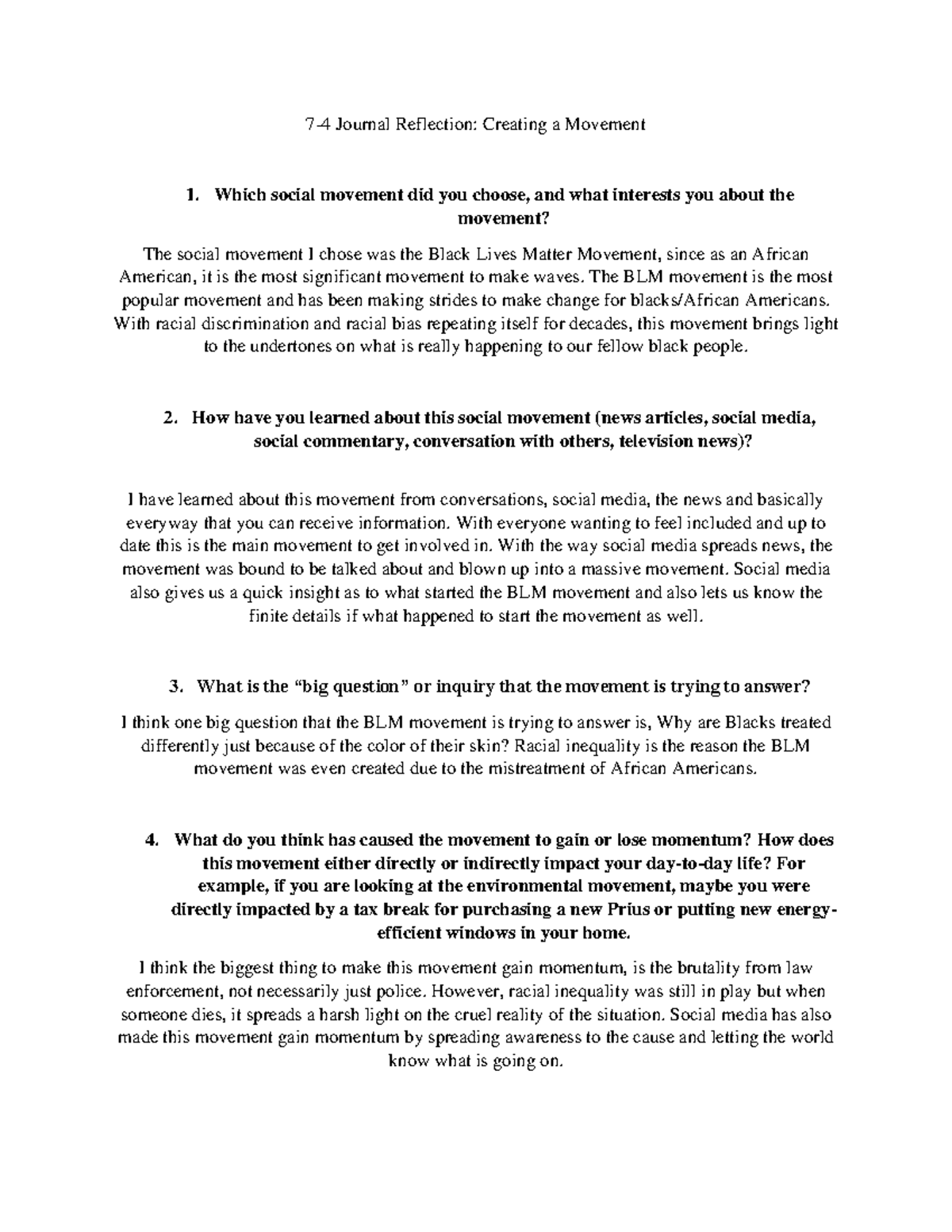 7-4 Journal Reflection Creating a Movement - Which social movement did ...
