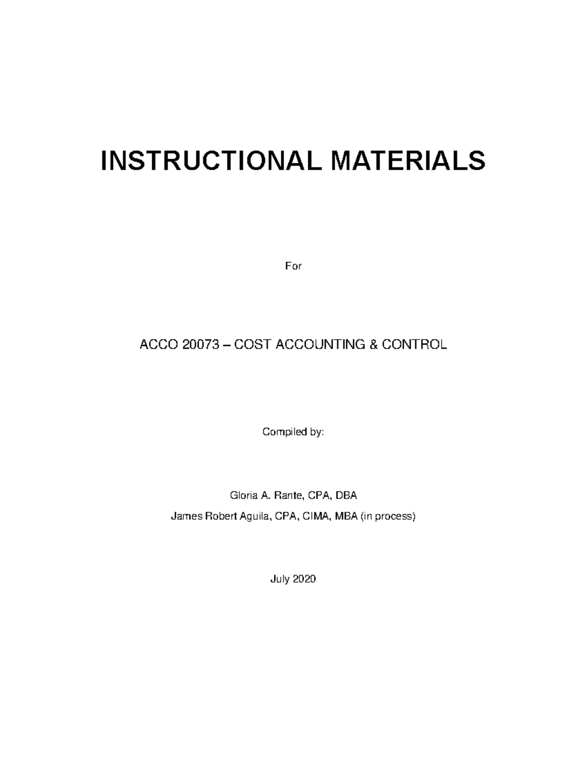 Cost Accounting And Control INSTRUCTIONAL MATERIALS For ACCO 20073