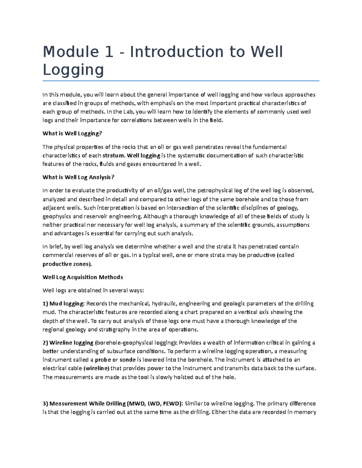 Introduction to Well Logging - GEOL 203 - SAIT Polytechnic - Studocu