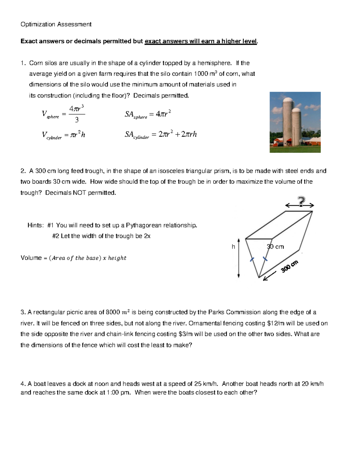 Optimization Assessment - Optimization Assessment Exact answers or decimals permitted but exact ...