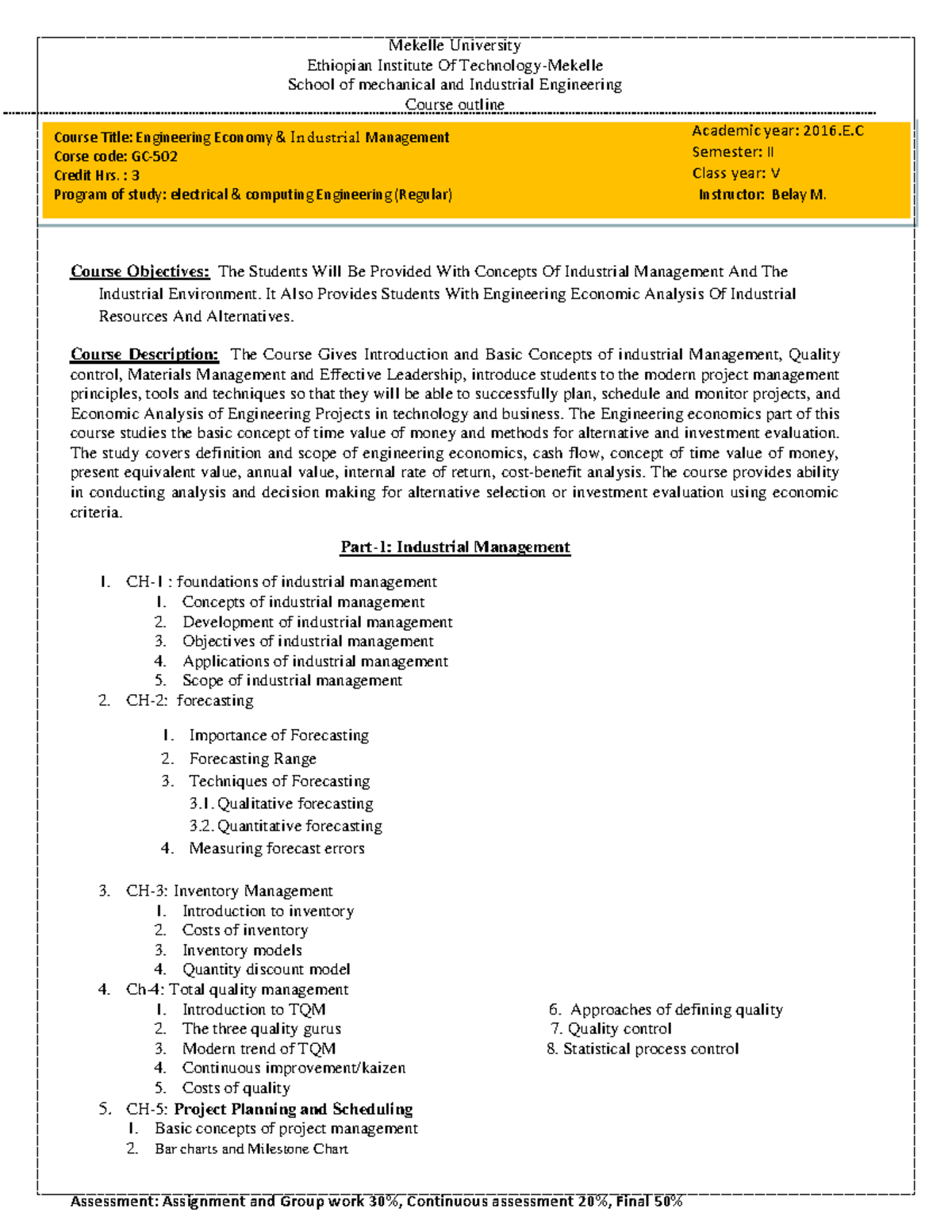 16aay.mit.Course outline Industrial Management - Assessment: Assignment ...