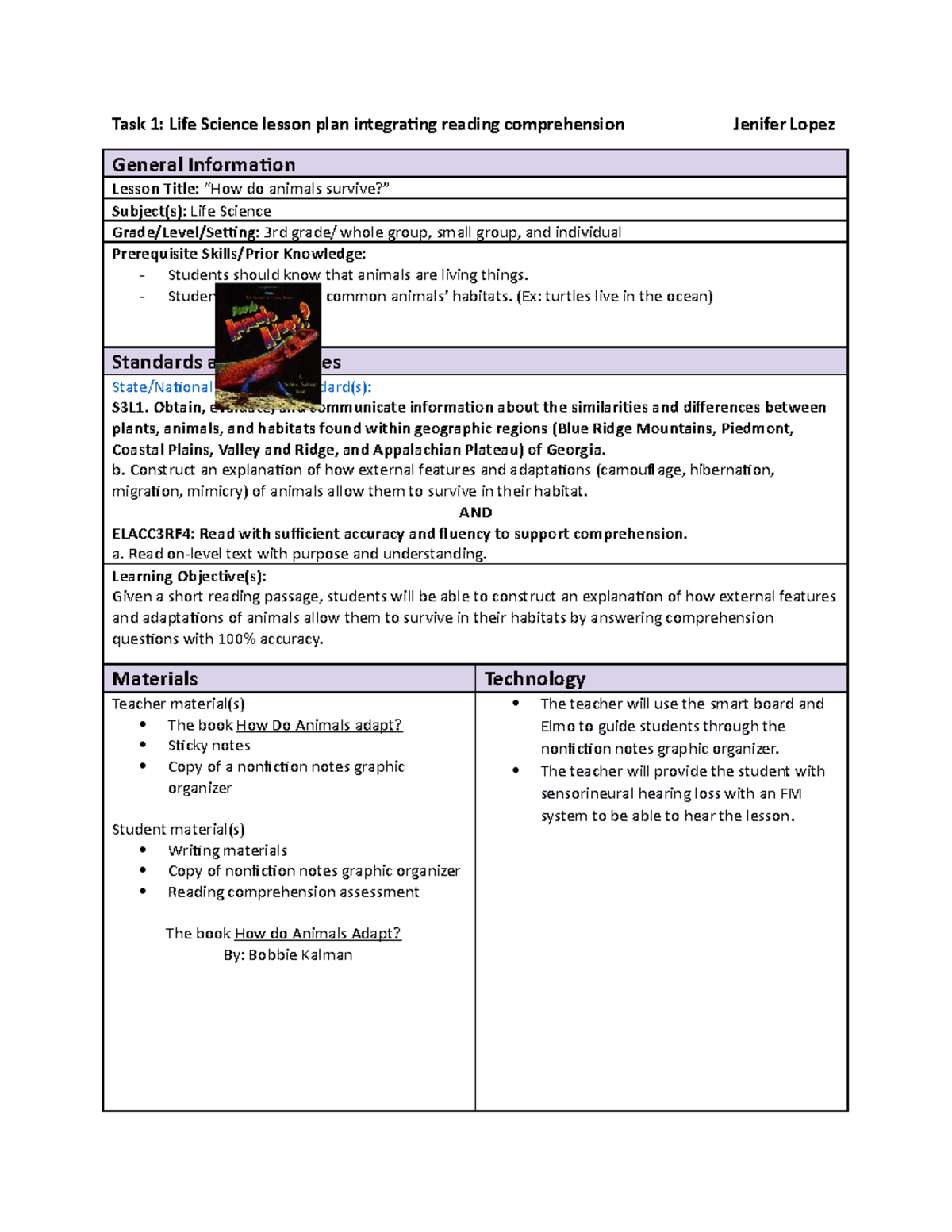 Task 1 Life Science lesson plan integrating reading comprehension ...