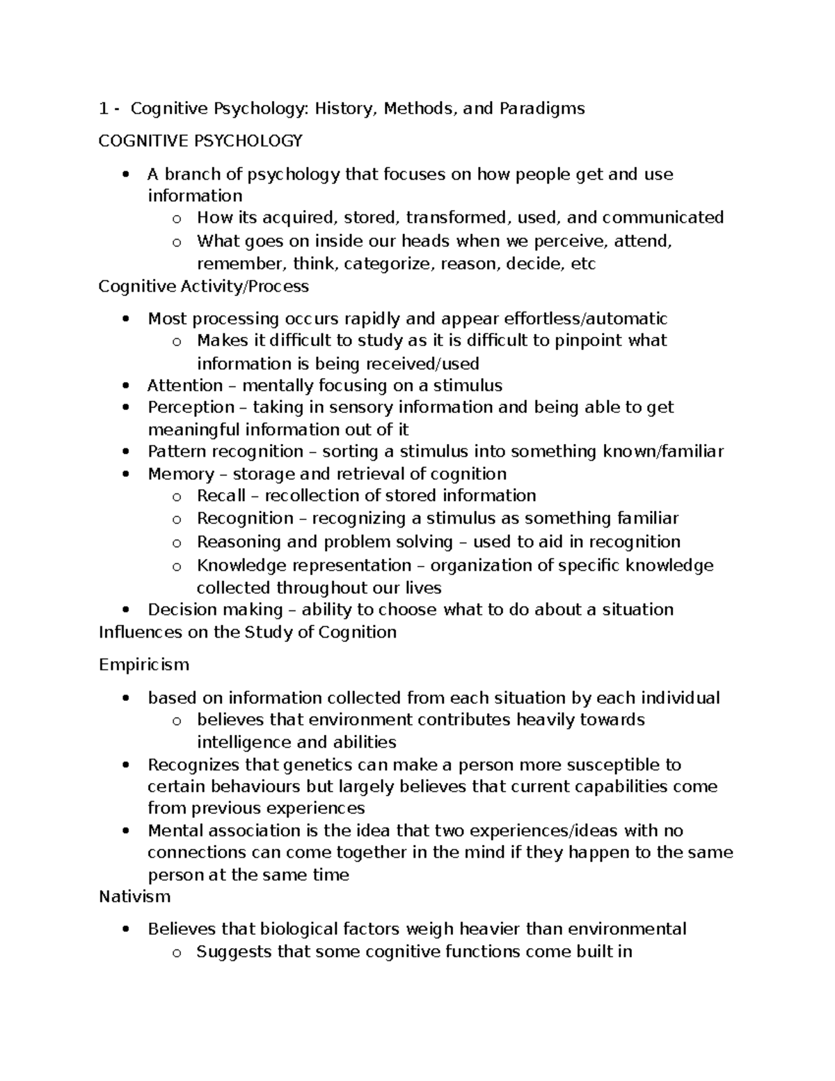 Psych 207 chapter 1 - ... - 1 - Cognitive Psychology: History, Methods ...