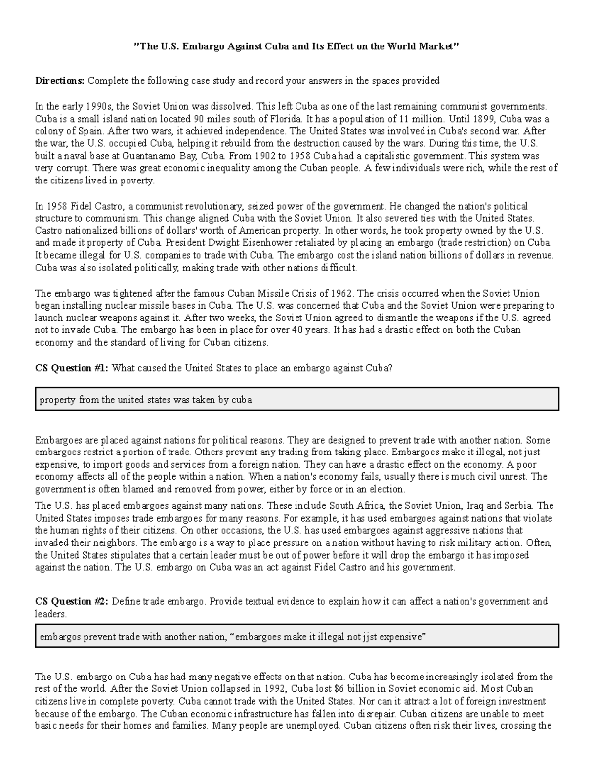 Cuba Case Study (Student) - "The U. Embargo Against Cuba and Its Effect ...