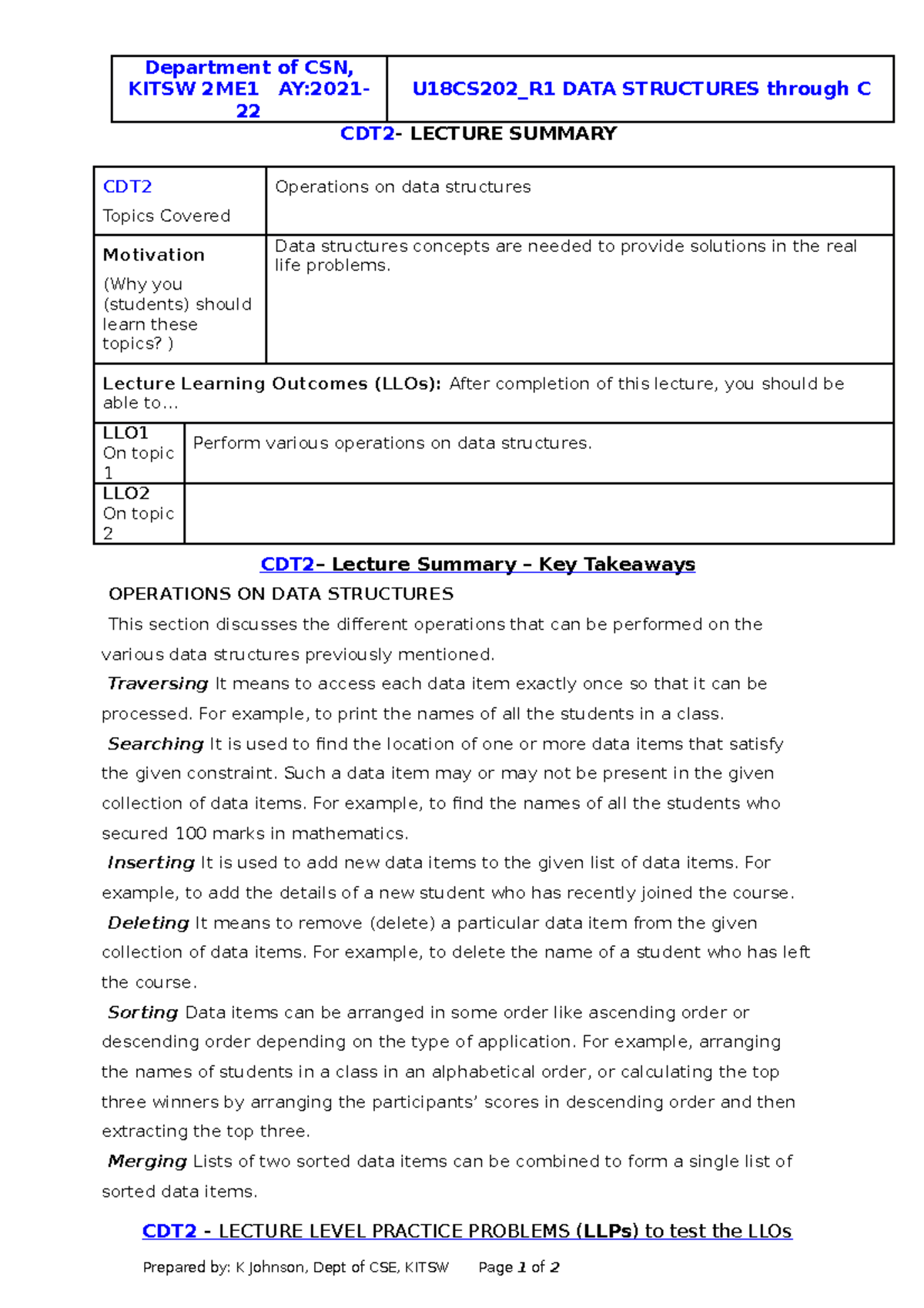DS 2 Summary - Notes for DS - Department of CSN, KITSW 2ME1 AY:2021- 22 ...