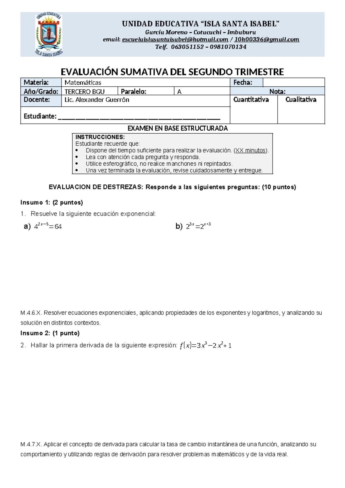 Exámen 2 Trimestre Física 3ro BGU - UNIDAD EDUCATIVA “ISLA SANTA ISABEL” García Moreno ...