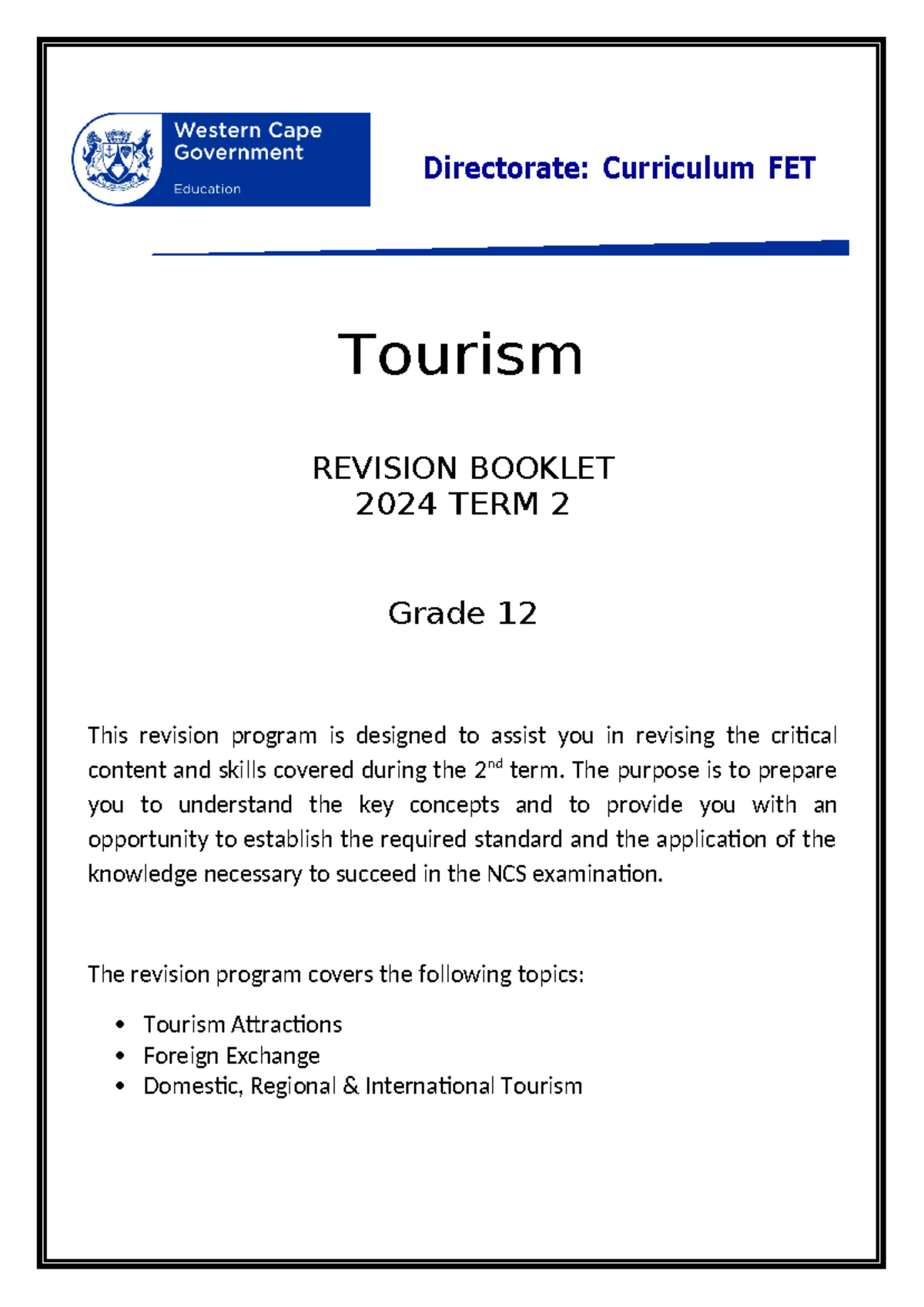 It's a resource update for tourism grade 12 - Directorate: Curriculum ...