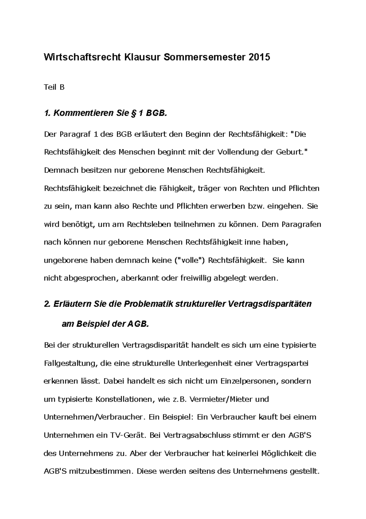 Klausur Sommersemester 2015, Fragen und Antworten - Wirtschaftsrecht Klausur Sommersemester 2015 ...