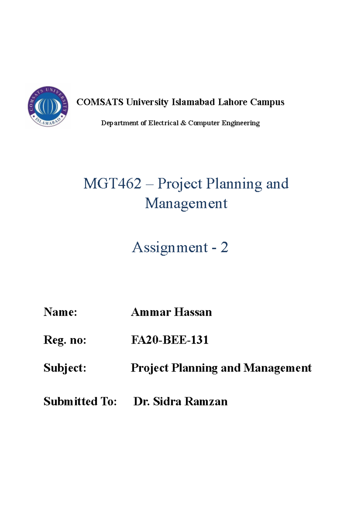 PPM Assignment 2 - COMSATS University Islamabad Lahore Campus Department of Electrical & - Studocu