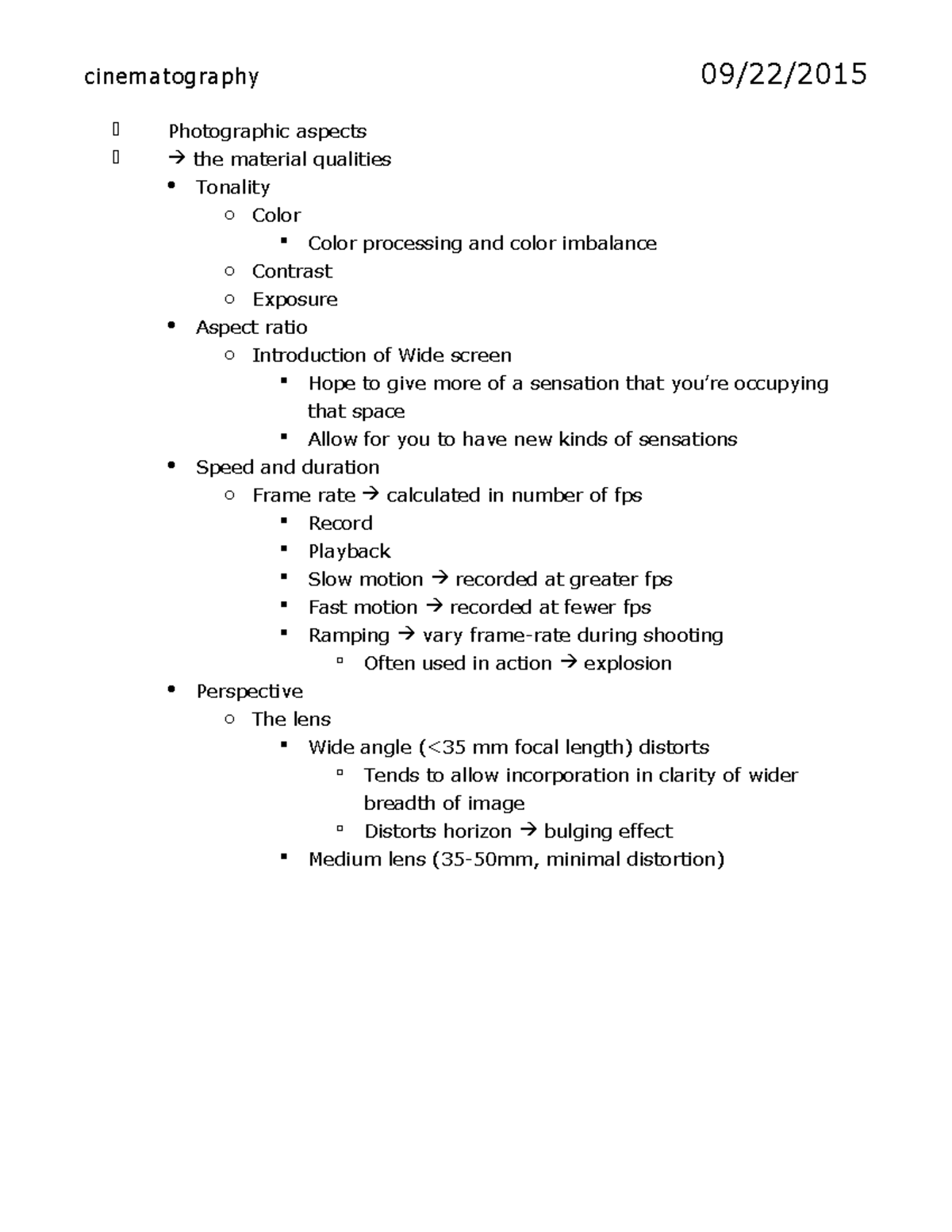 Week 4 - Cinematography lecture and recitation notes - 09/22/2015 ...