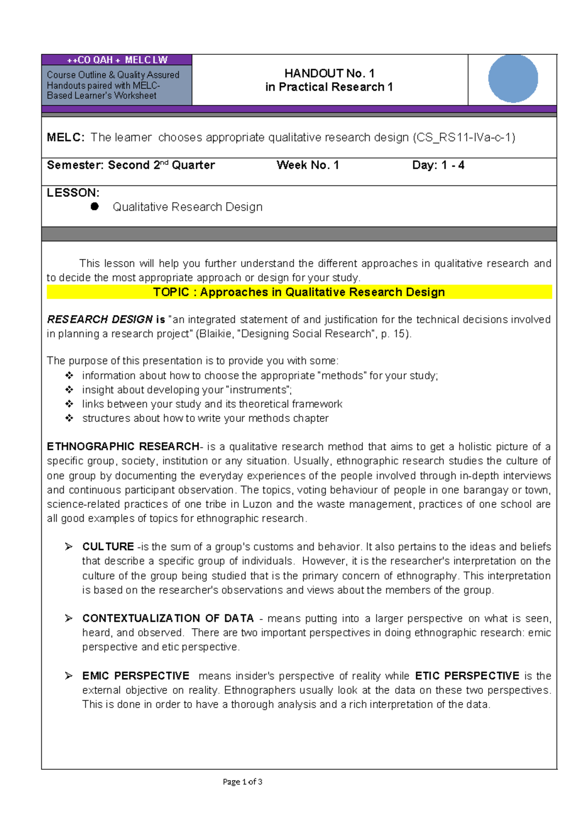 Handouts-1-1 - Research Introduction - Page 1 of 3 ++CO QAH + MELC LW ...