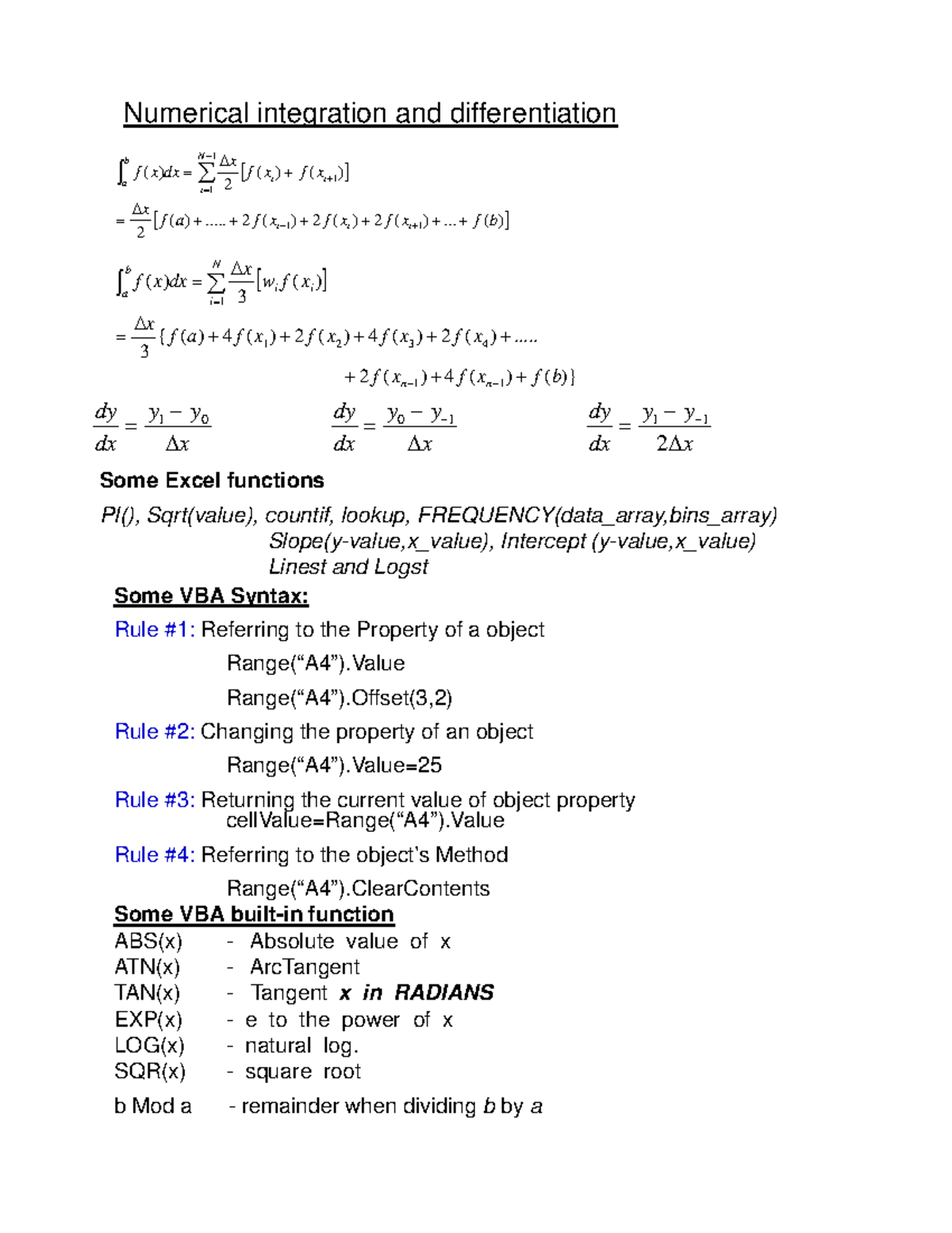 Formula sheet - Numerical integration and differentiation b a b N f ( x ...