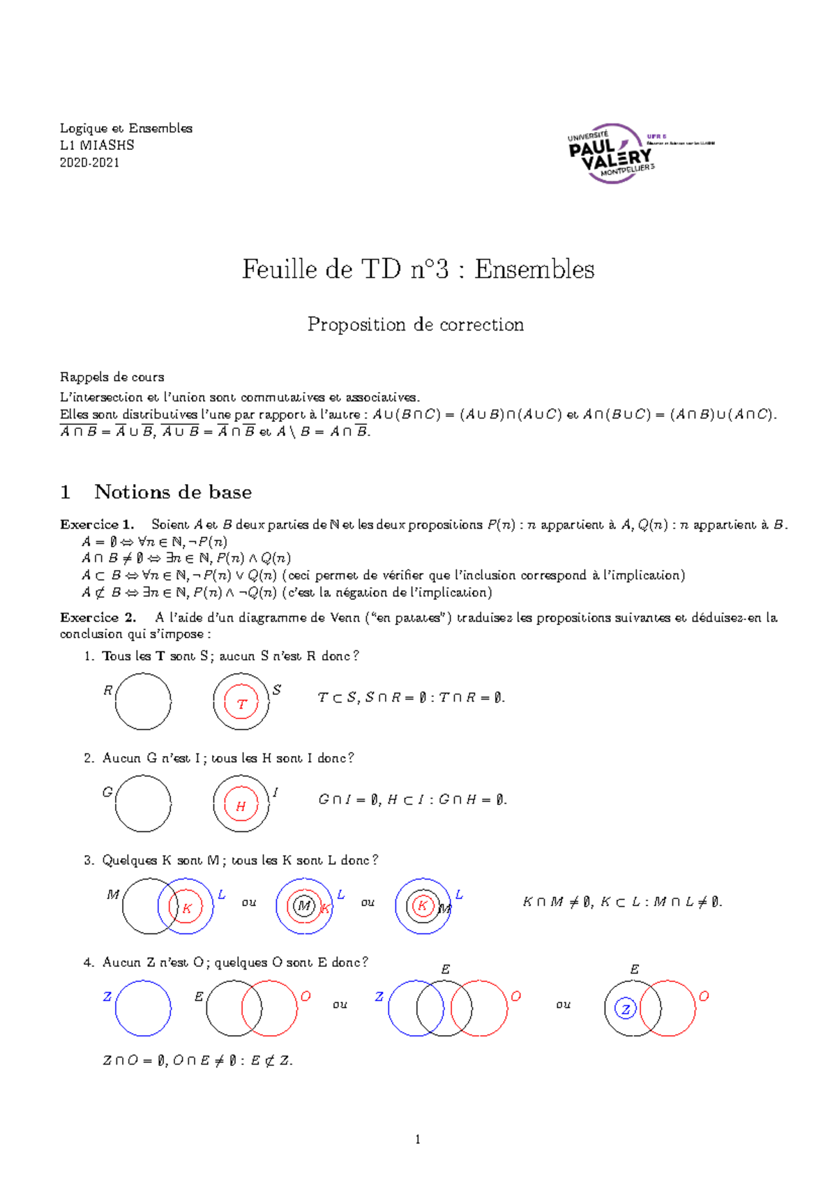 TD3 - Corrige - correction td3 - Logique et Ensembles L1 MIASHS 2020- Feuille de TD n 3 : - Studocu