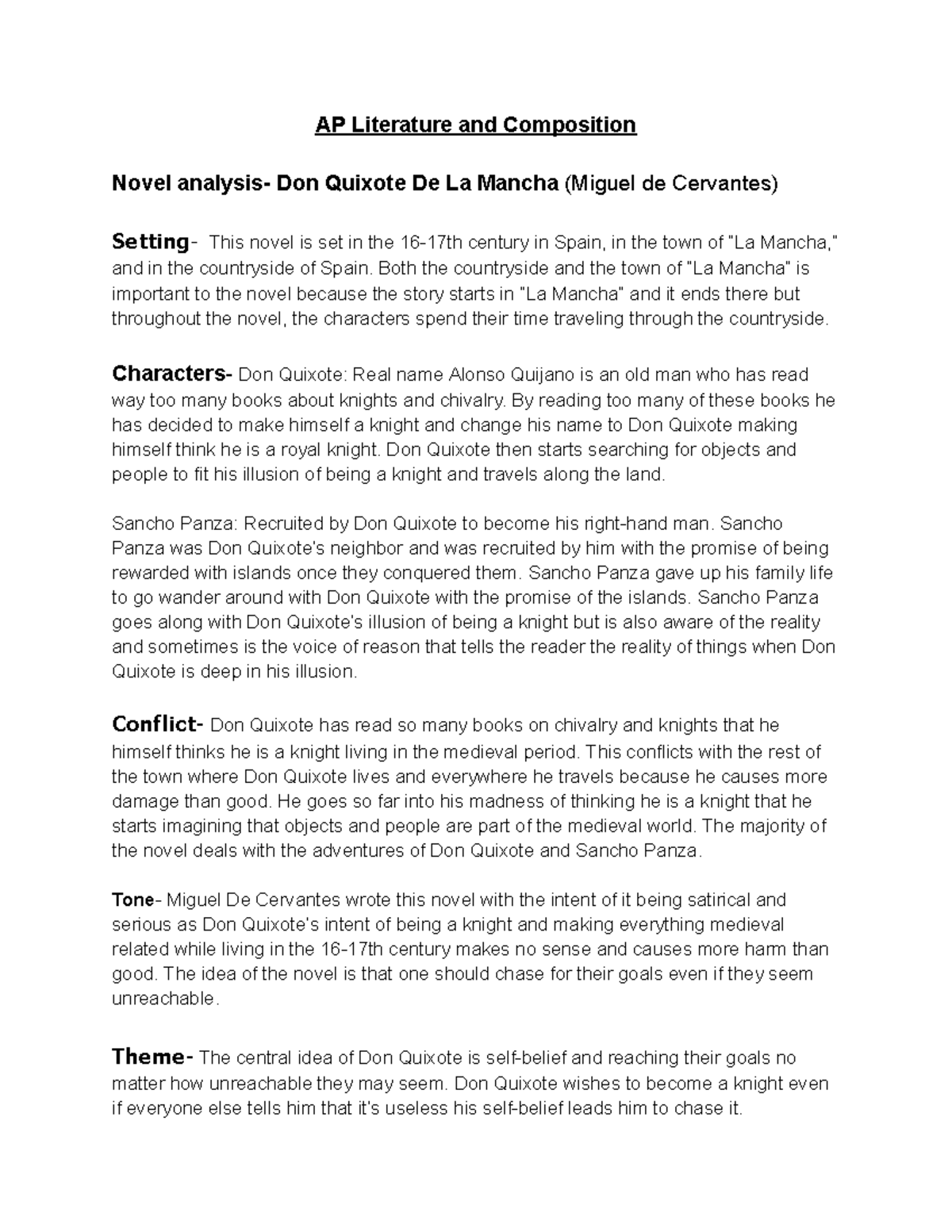 Don Quixote literature - AP Literature and Composition Novel analysis ...