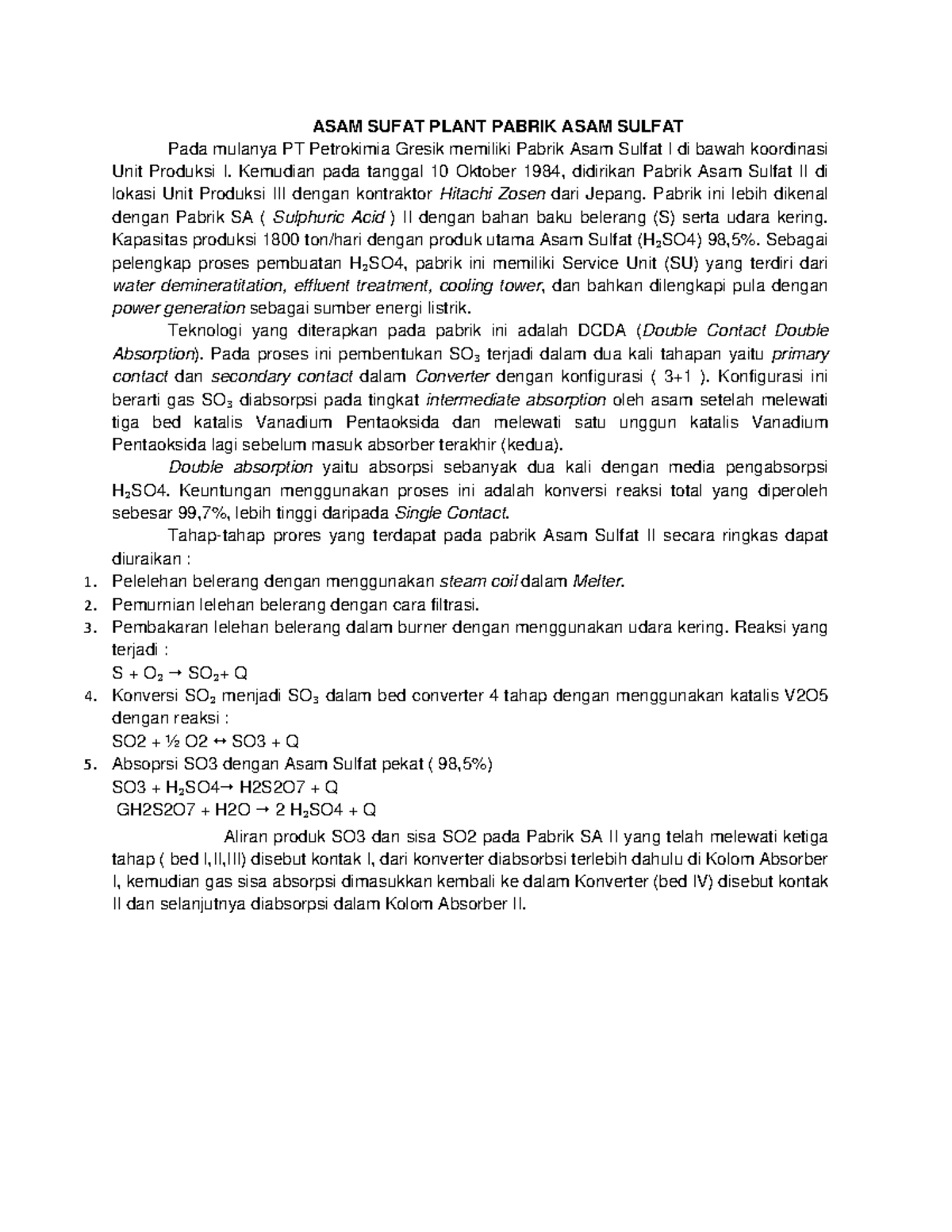 Essay Proses Produksi Asam Sulfat - ASAM SUFAT PLANT PABRIK ASAM SULFAT ...