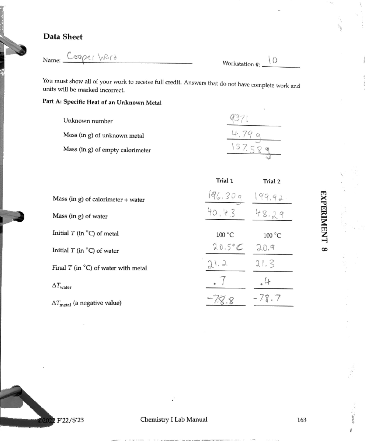Chem 1 Lab 8 - Lab Materials - Data Sheet Name: Cooper Word Workstation ...
