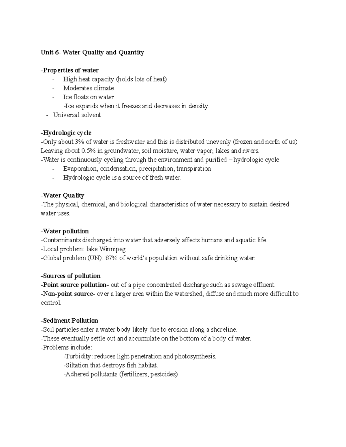 Unit 6 - ENVR 1000- unit 6 lecture notes - Unit 6- Water Quality and ...