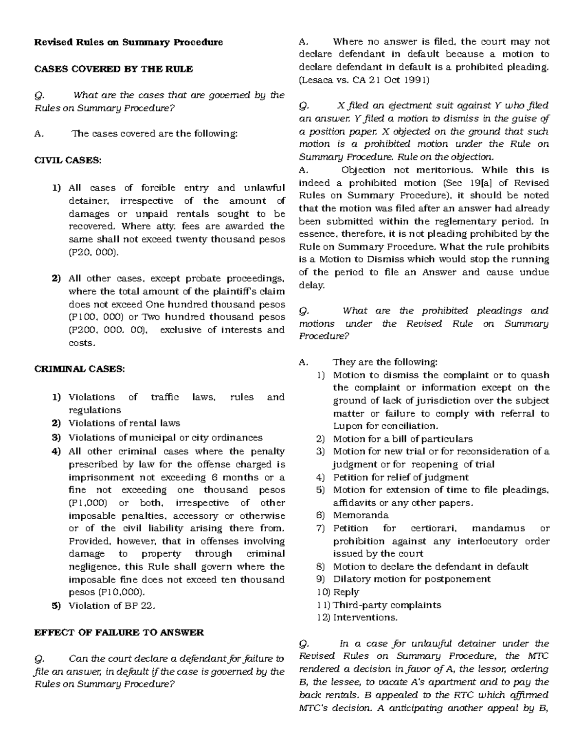 Rules on Summary Procedure - Revised Rules on Summary Procedure CASES ...