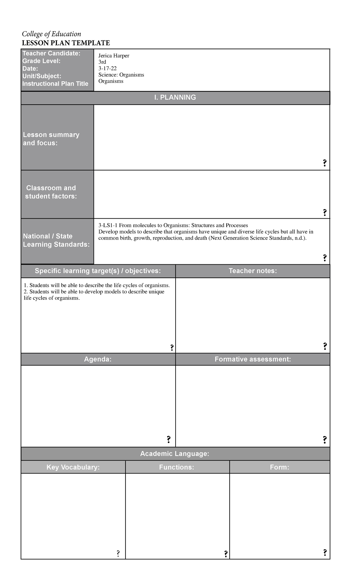 Science Lesson Plan - Academic Language: Lesson summary and focus ...