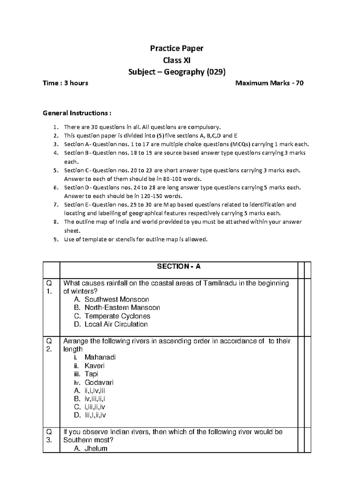 Geo practice paper - Practice Paper Class XI Subject – Geography (029 ...