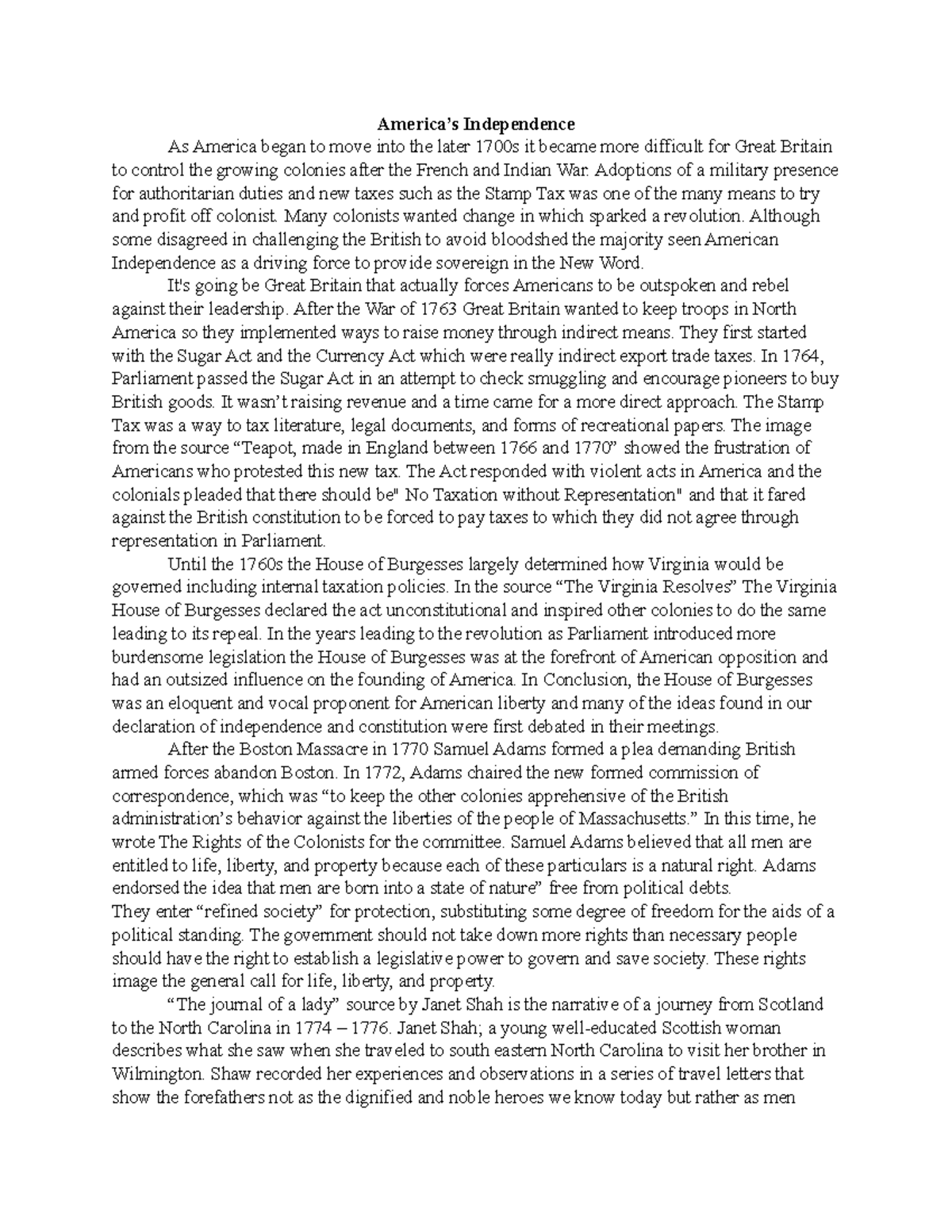 America's Independence Paper - Studocu