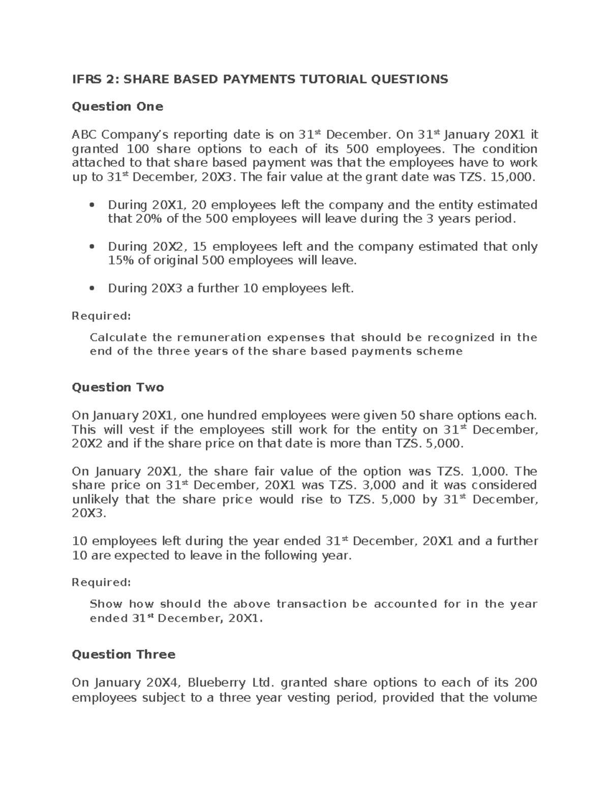Advanced cost accounting Mid 2 - IFRS 2: SHARE BASED PAYMENTS TUTORIAL QUESTIONS Question One ...