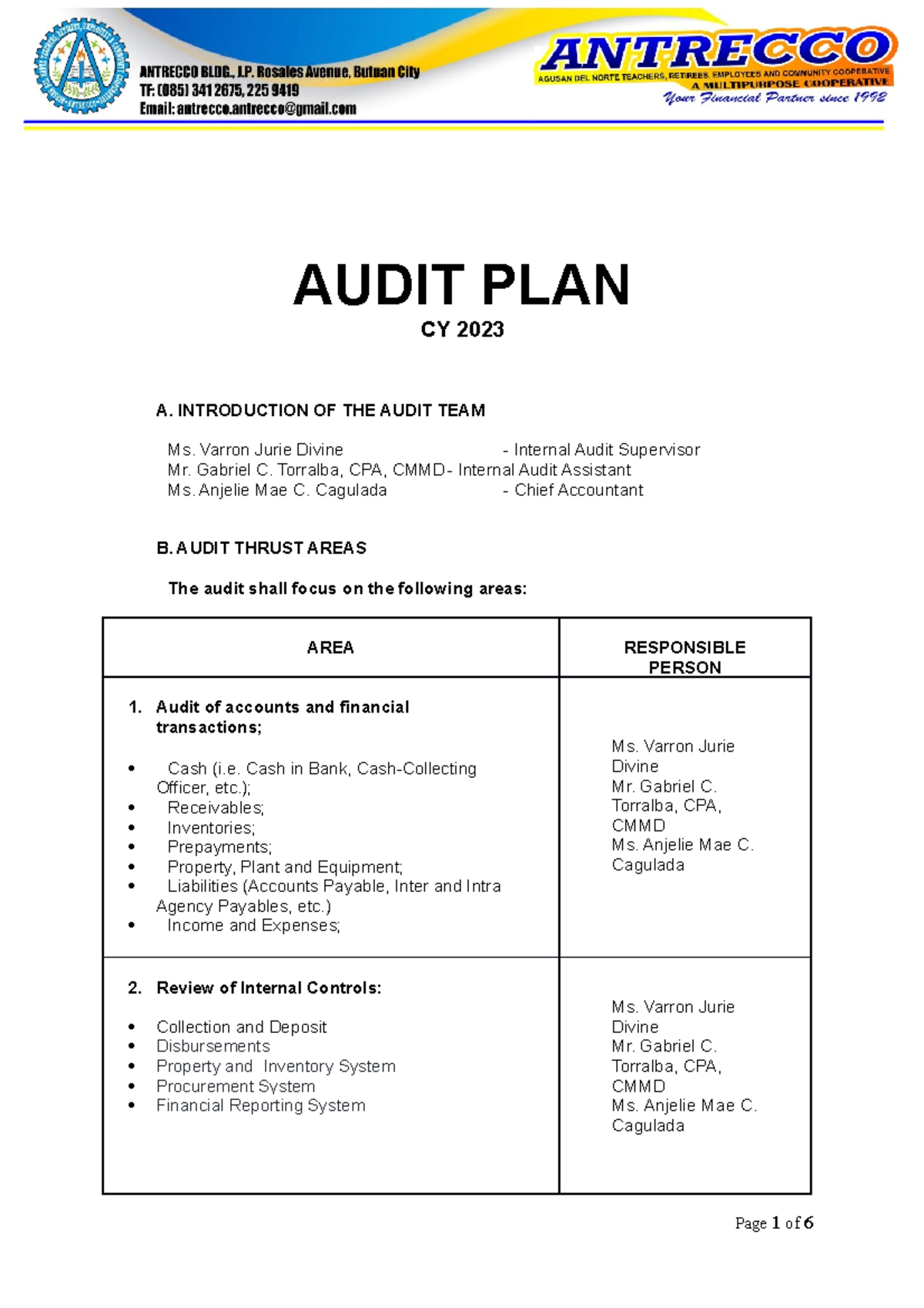 Audit PLAN CY 2023 - AUDIT PLAN CY 2023 A. INTRODUCTION OF THE AUDIT ...