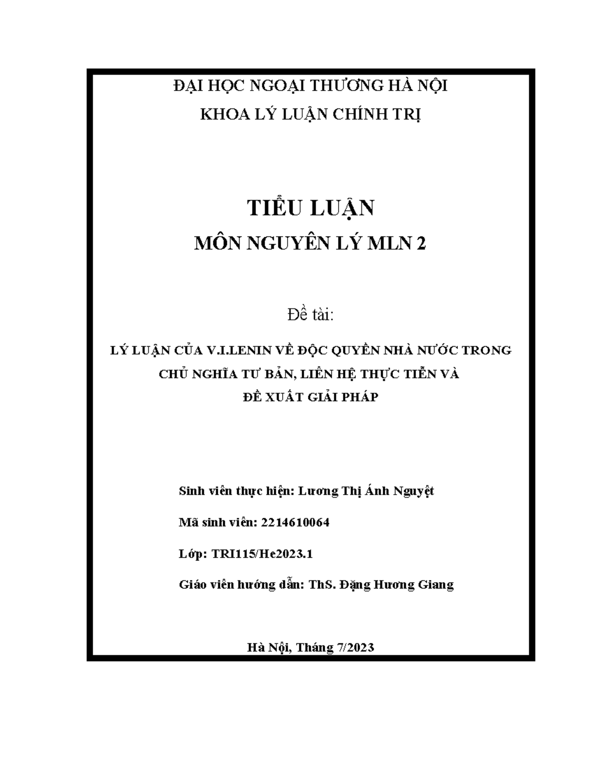 Tieu-luan-KTCT - KTCT - ĐẠI HỌC NGOẠI THƯƠNG HÀ NỘI KHOA LÝ LUẬN CHÍNH TRỊ TIỂU LUẬN MÔN NGUYÊN ...