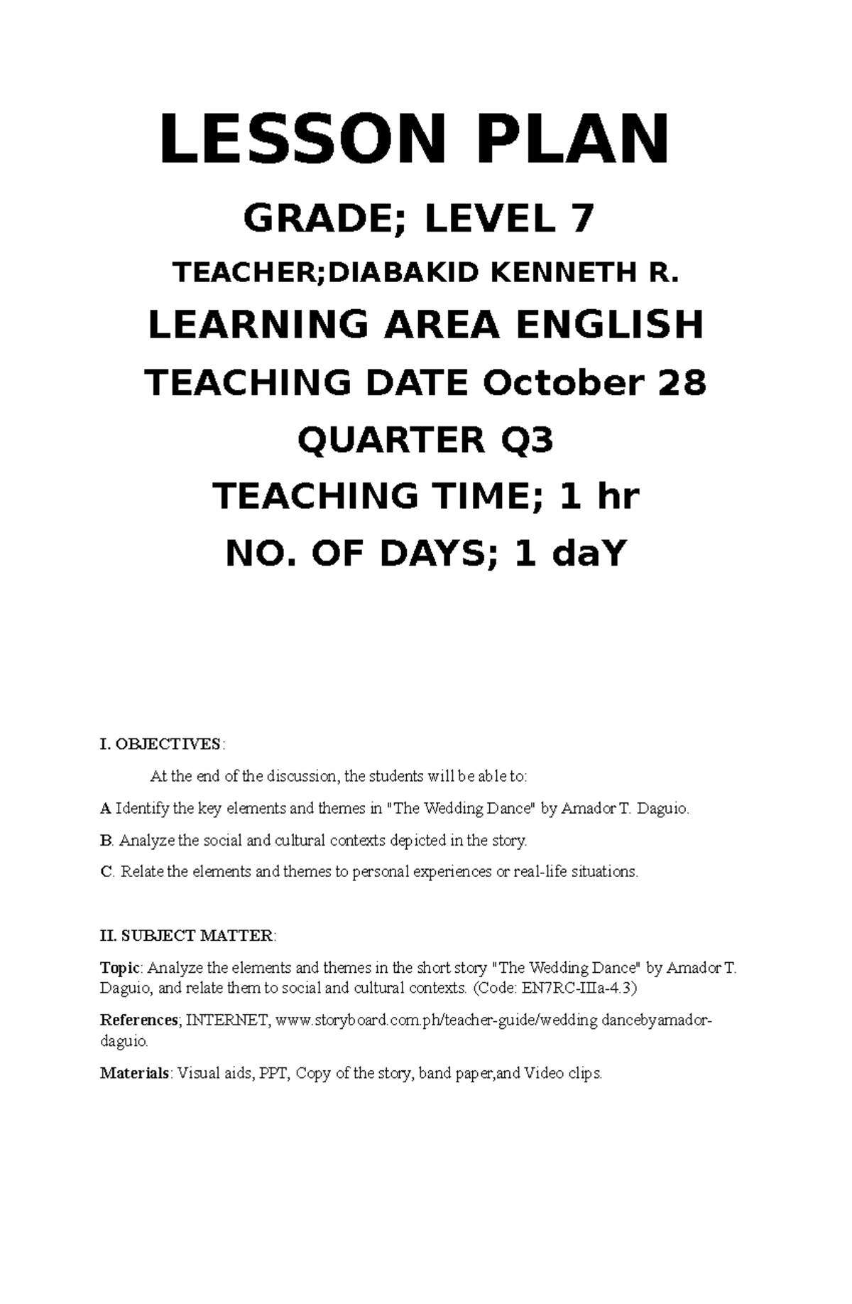 Lesson PLAN English 7 - Used - LESSON PLAN GRADE; LEVEL 7 TEACHER ...