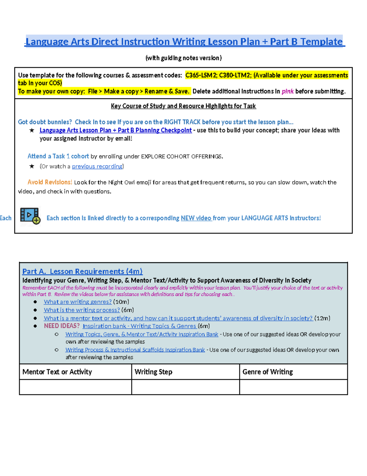 Language Arts Direct Instruction Lesson Plan Template + Part B ...