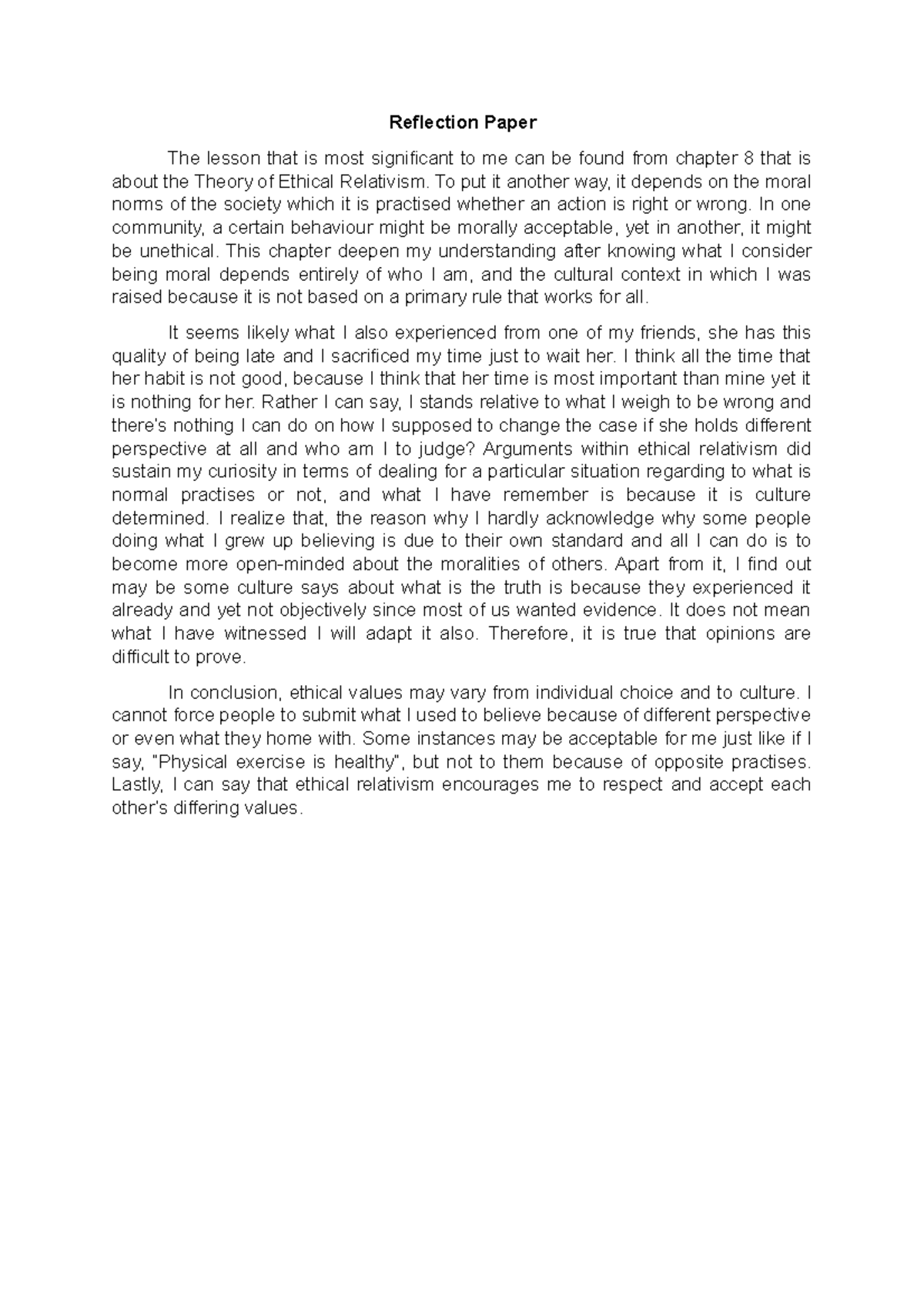 Reflection Paper Ethics - Reflection Paper The lesson that is most ...