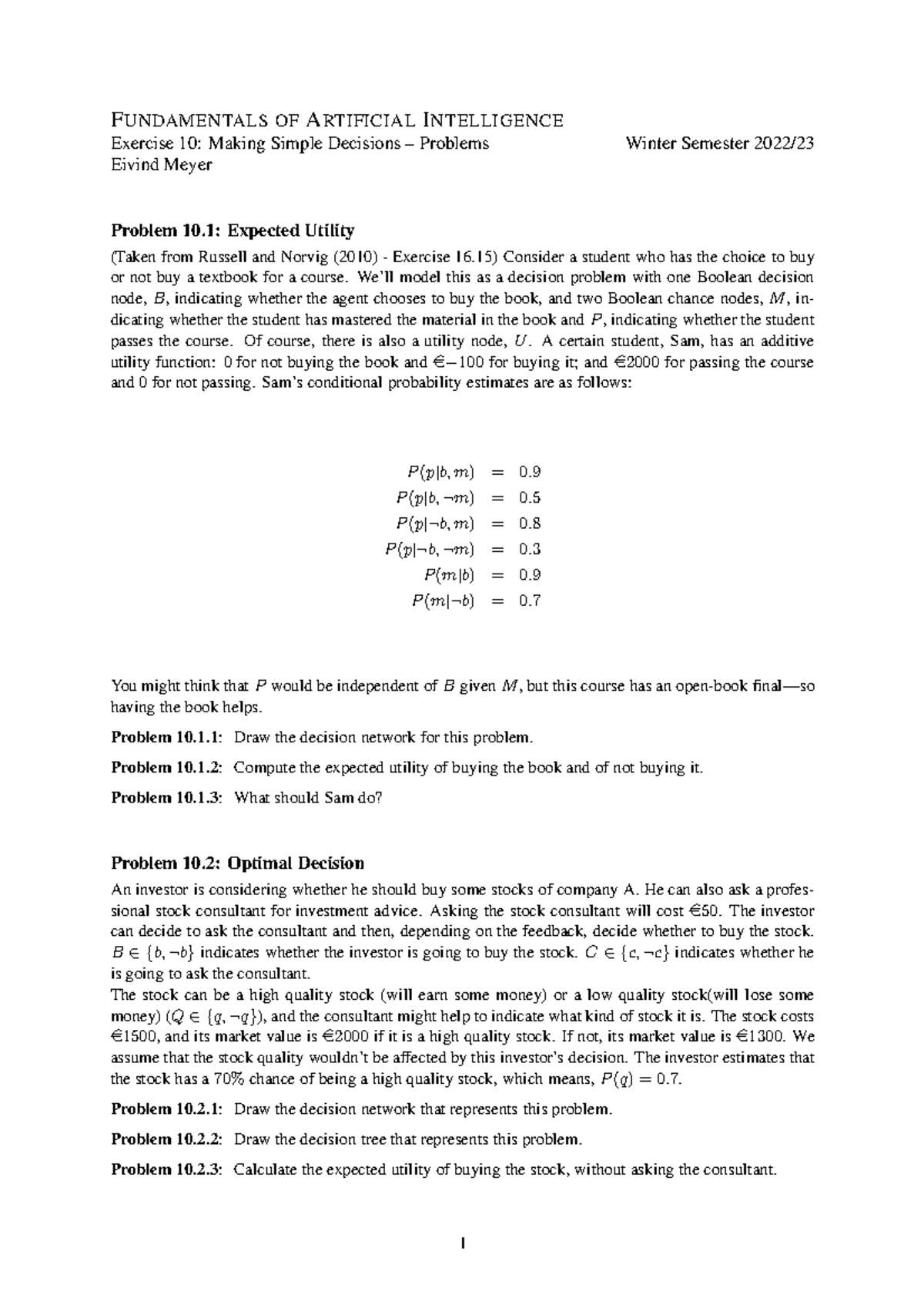 Exercise 10 - FUNDAMENTALS OF ARTIFICIAL INTELLIGENCE Exercise 10 ...