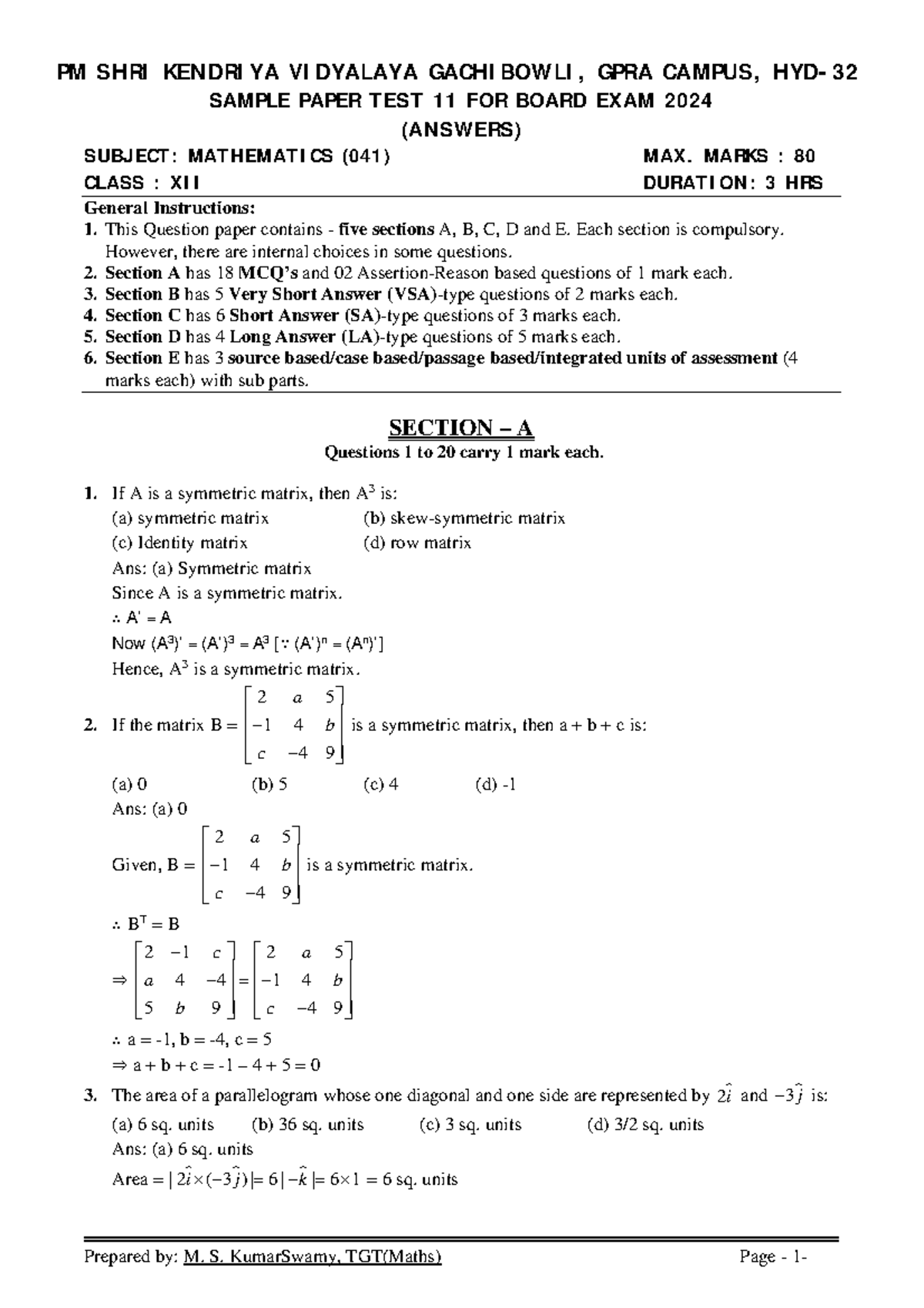 Maths class xii sample paper test 11 for board exam 2024 answers ...