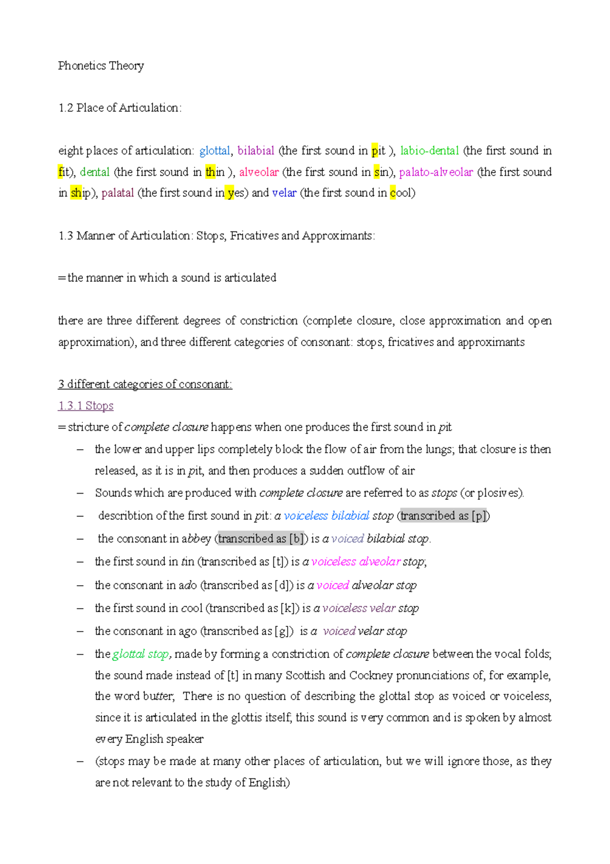 Phonetics (Theory) - Phonetics Theory 1 Place of Articulation: eight ...