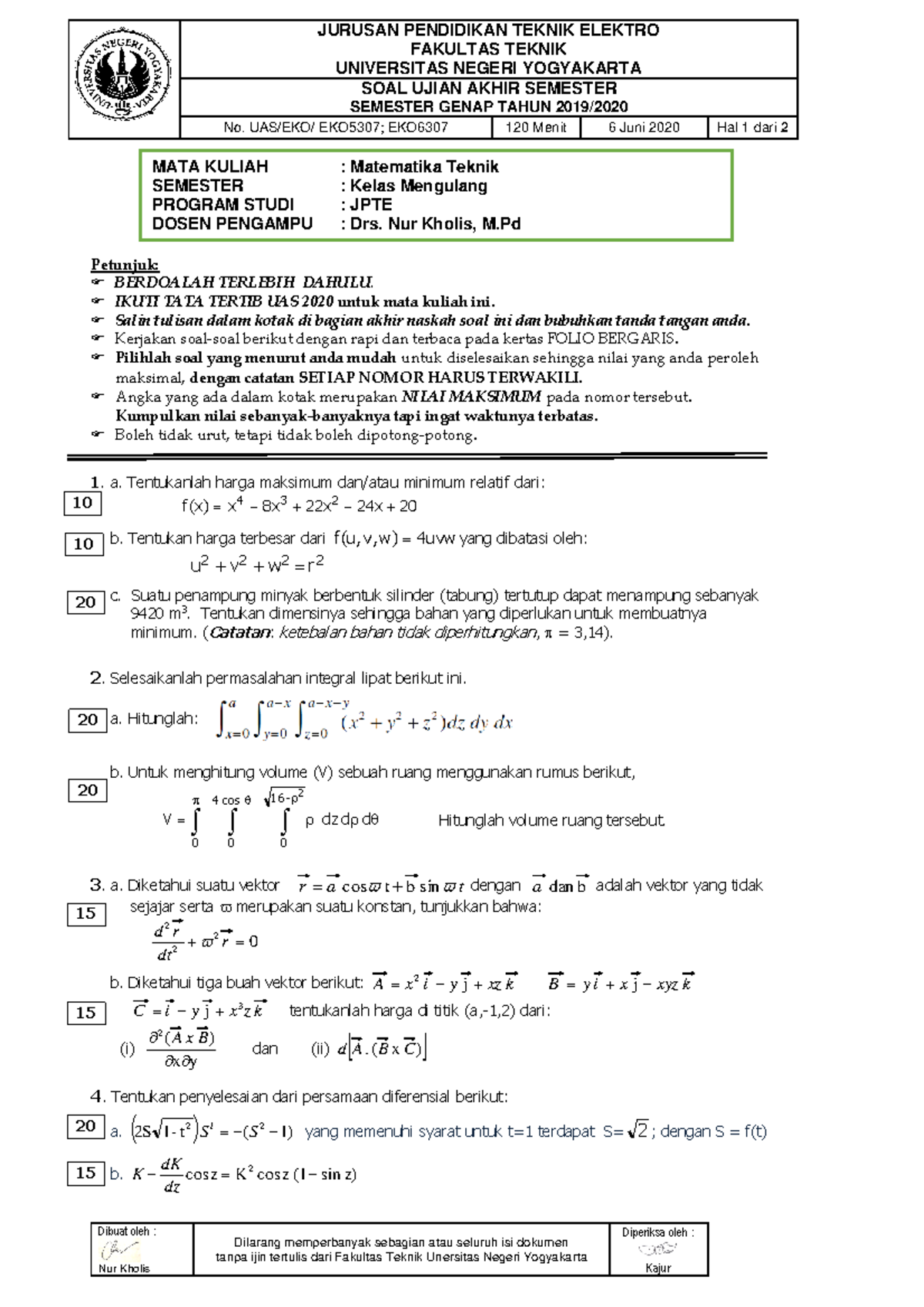 UAS Matek 06062020 JPTE - JURUSAN PENDIDIKAN TEKNIK ELEKTRO FAKULTAS TEKNIK UNIVERSITAS NEGERI ...