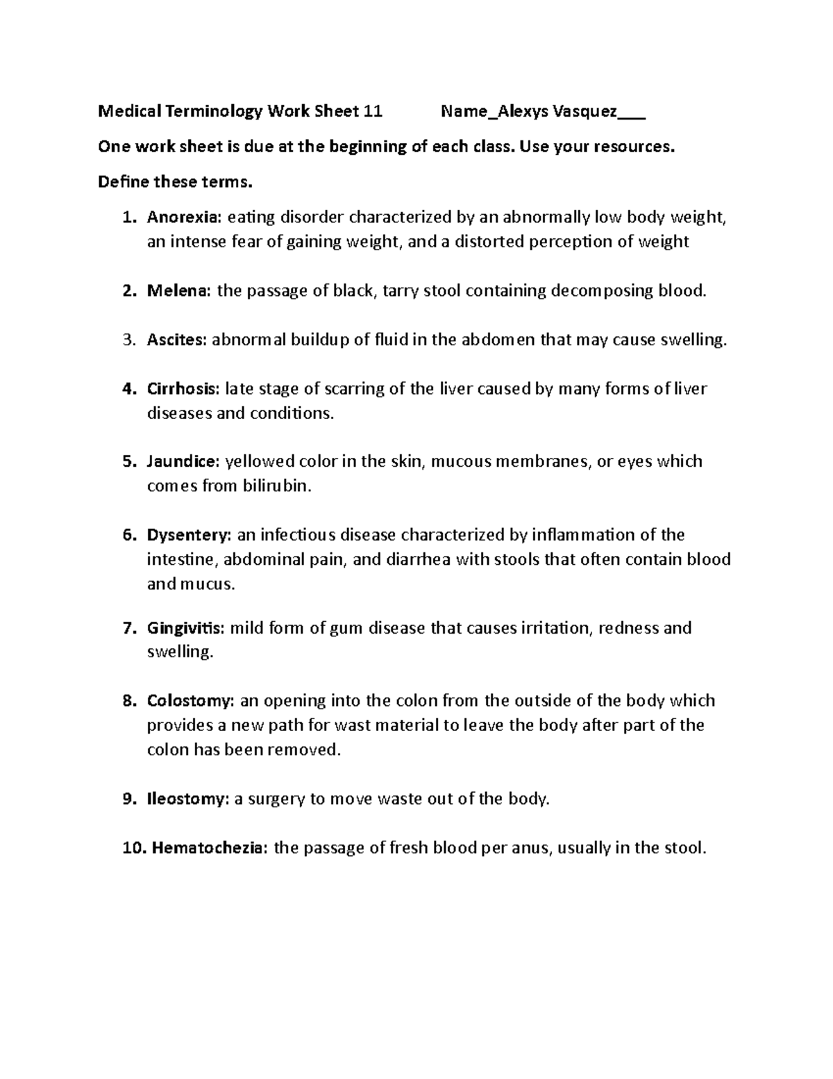 Medical Terminology Worksheet 11 NUR 201 - Medical Terminology Work ...