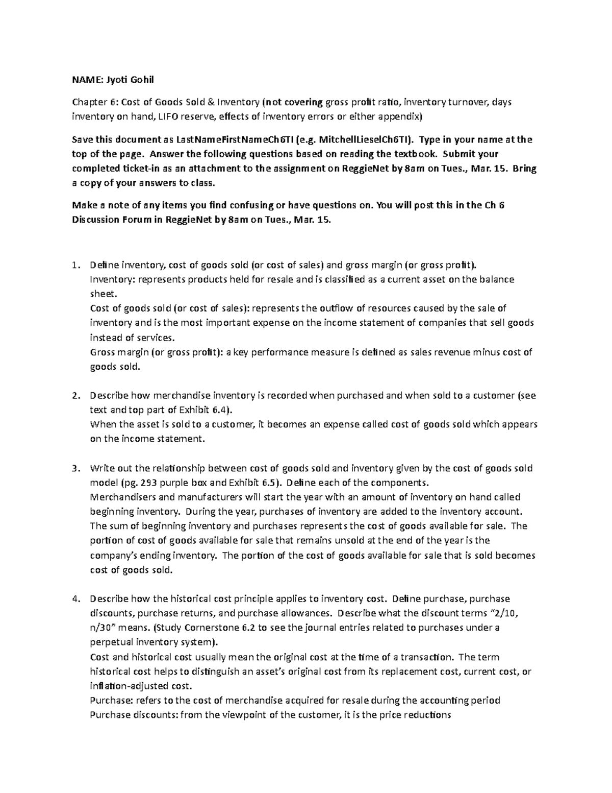 Gohil Jyoti TICh 6 - Lecture notes Ch 6 - NAME: Jyoti Gohil Chapter 6 ...