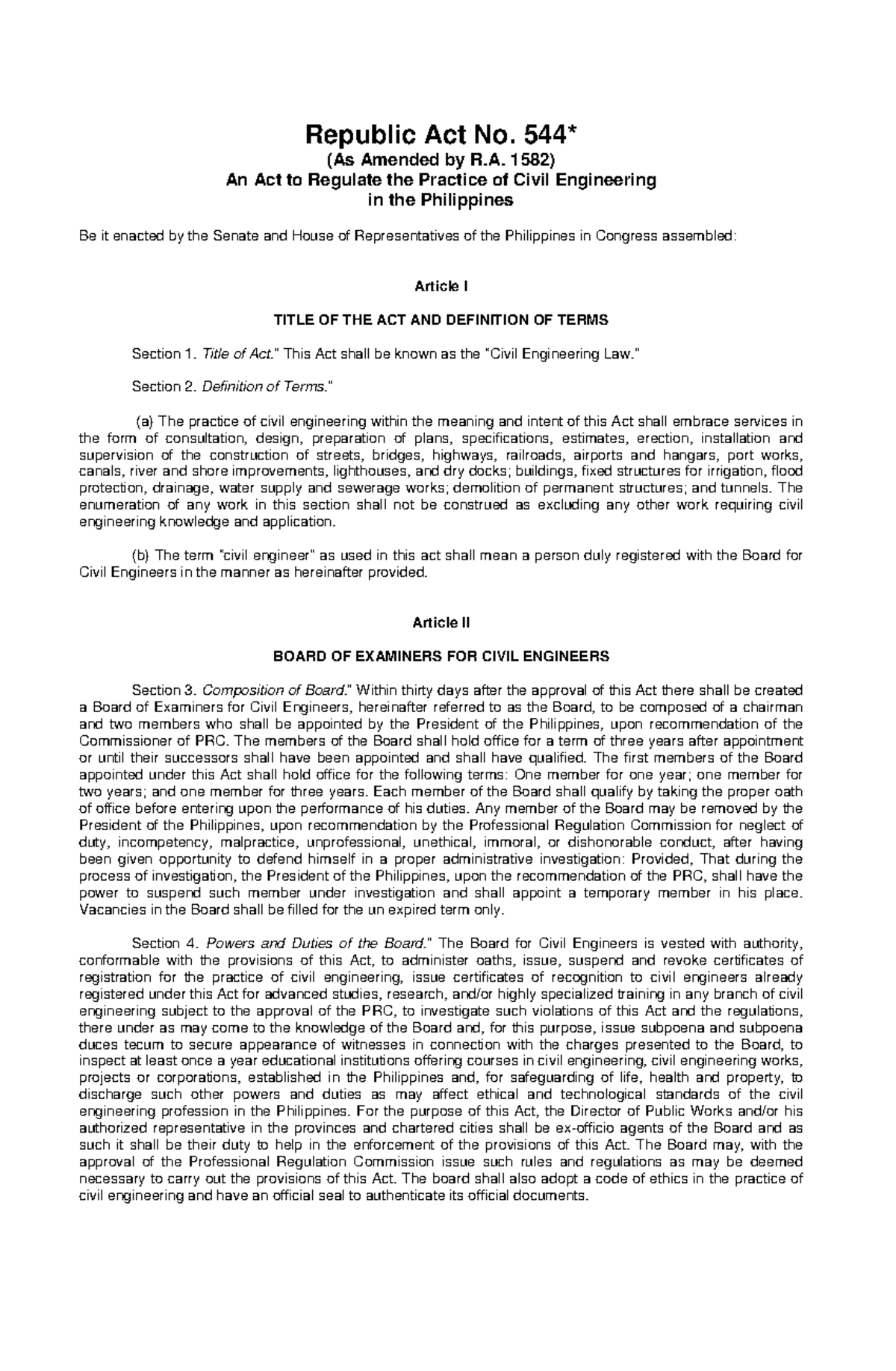 Civil Engineering Board Law Republic Act No 544 As Amended By R