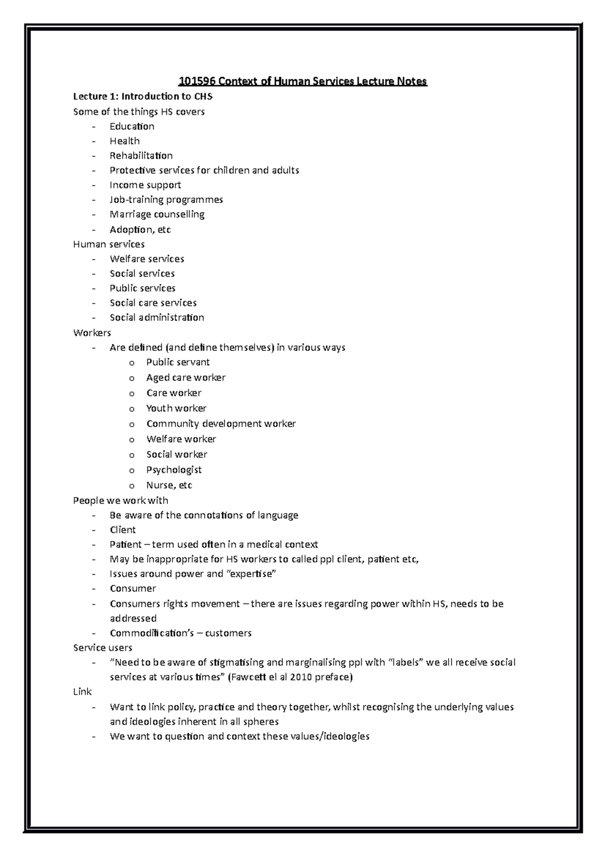 101596 Context of Human Services Lecture notes - Chenoweth, L ...