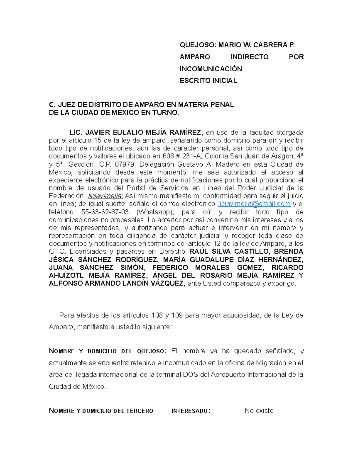 Amparo incomunicado - QUEJOSO: MARIO W. CABRERA P. AMPARO INDIRECTO POR ...