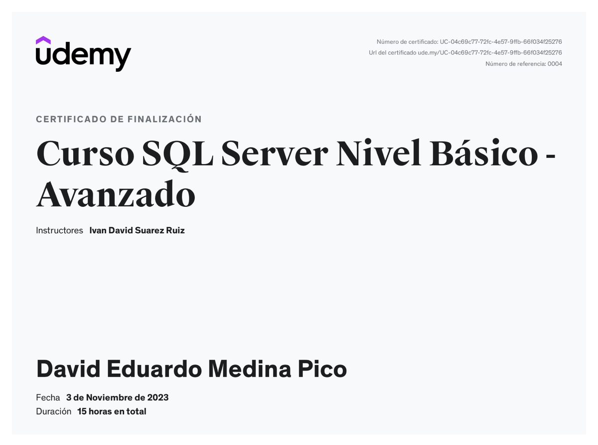 Curso SQL Nivel Basico - Avanzado - Número de certificado: udemy Url ...