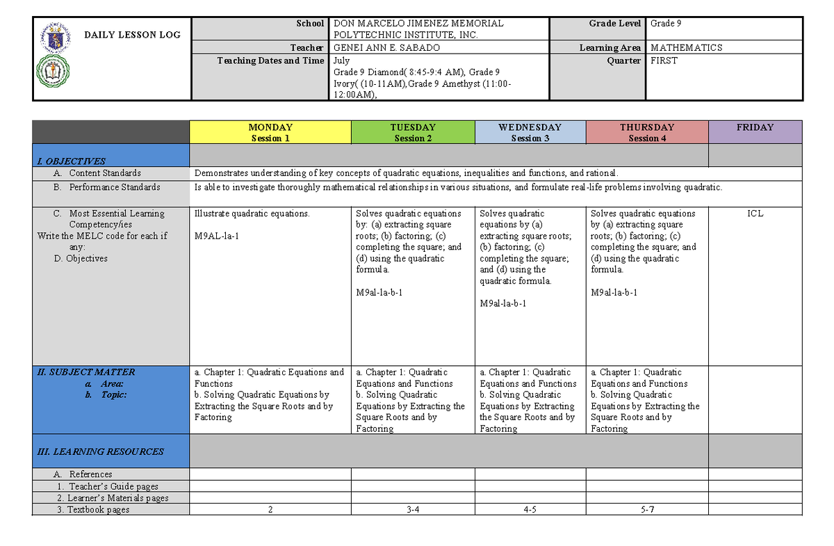 A Daily Lesson Log in Math 9 Quarter 1 - DAILY LESSON LOG School DON ...